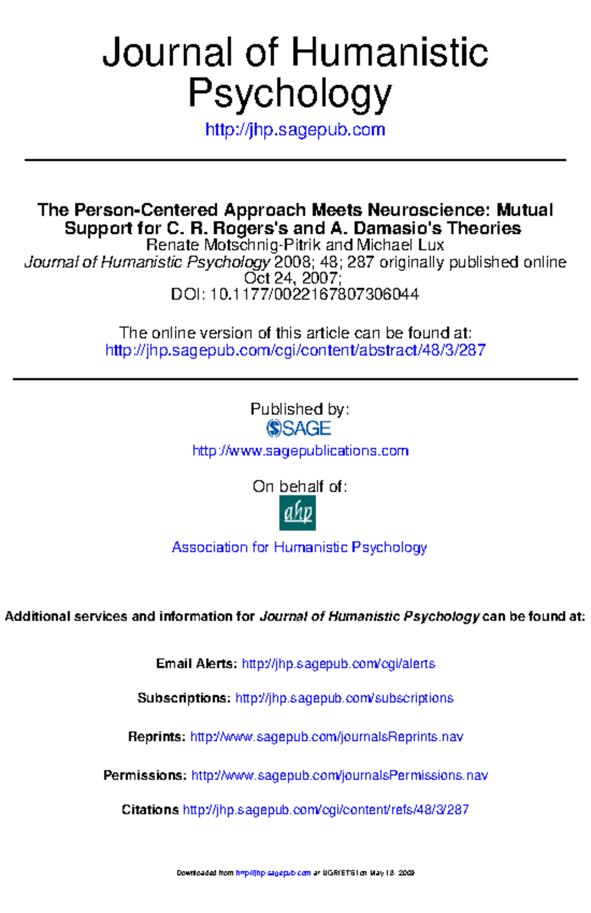 Rogers Leitura complementar - jhp.sagepub Psychology Journal of ...