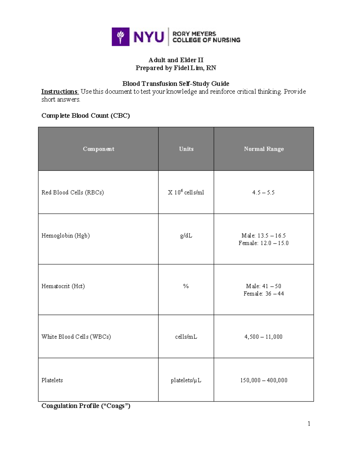 Blood Transfusion Self-Study Guide - Adult and Elder II Prepared by ...