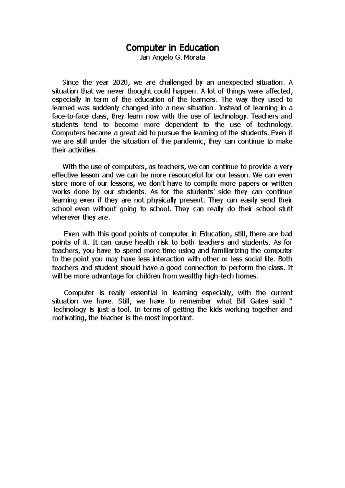 Computer In Education Reflection Computer In Education Jan Angelo G Morata Since The Year 