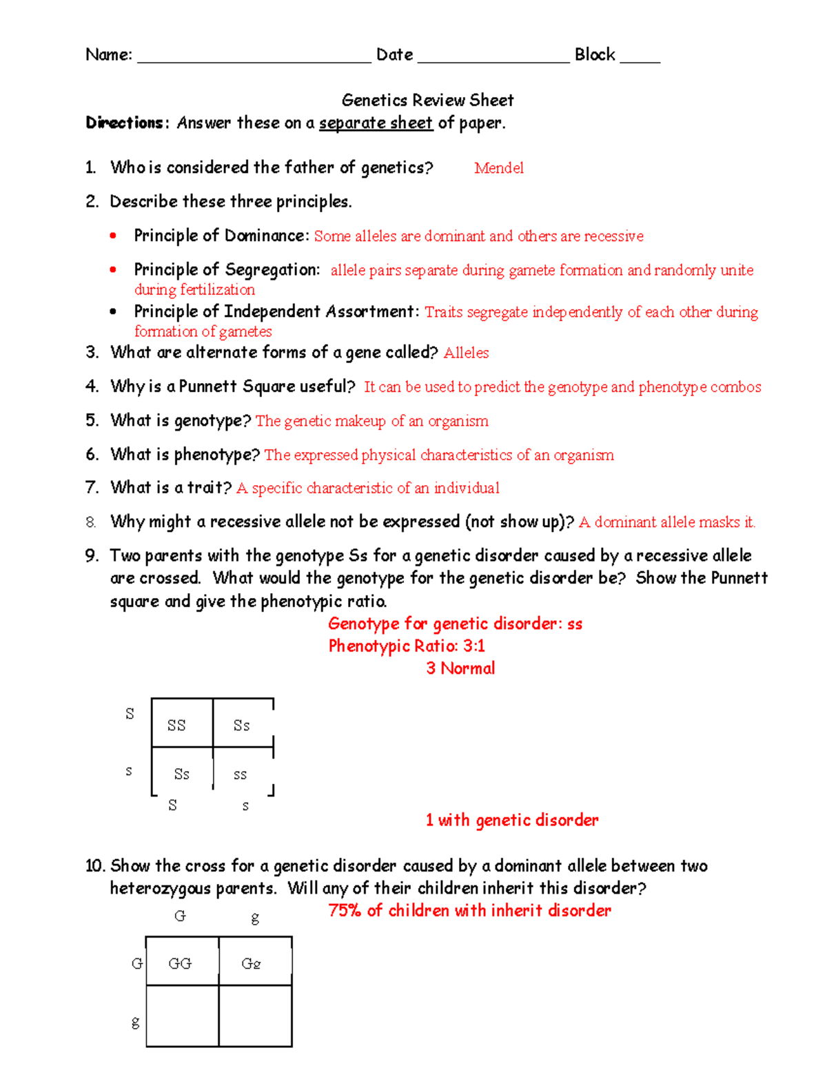 Genetics Test Review KEY - Name: _______________________ Date ...