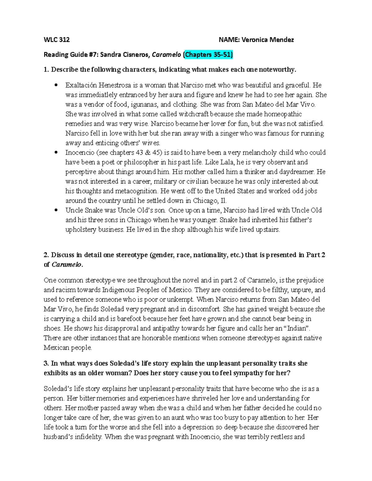 Reading Guide #7 - Sandra Cisneros, Caramelo (Chapters 35-51) and ...