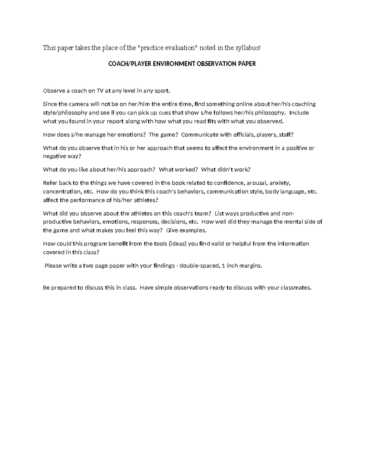 Coach Communication assignment - This paper takes the place of the ...