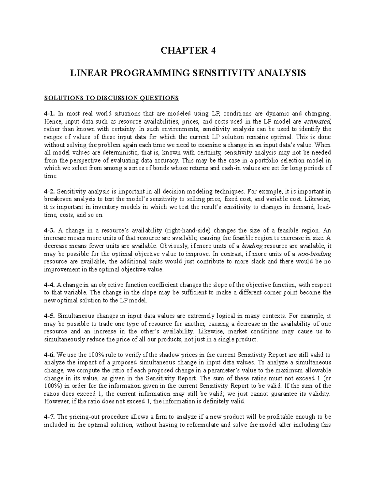Ch04 Solutions to Discussion Questions - CHAPTER 4 LINEAR PROGRAMMING SENSITIVITY ANALYSIS ...