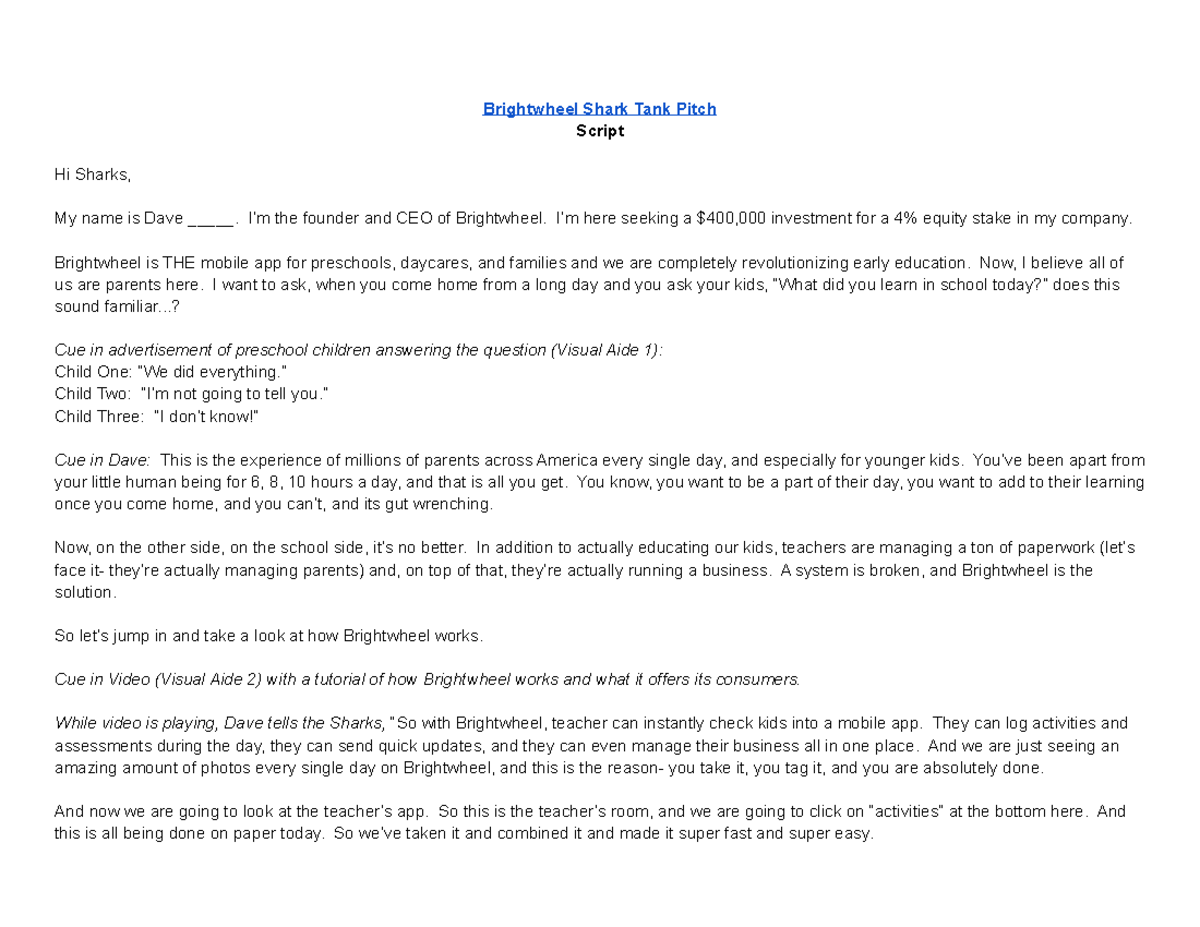Shark tank pitch script formative - Brightwheel Shark Tank Pitch Script ...
