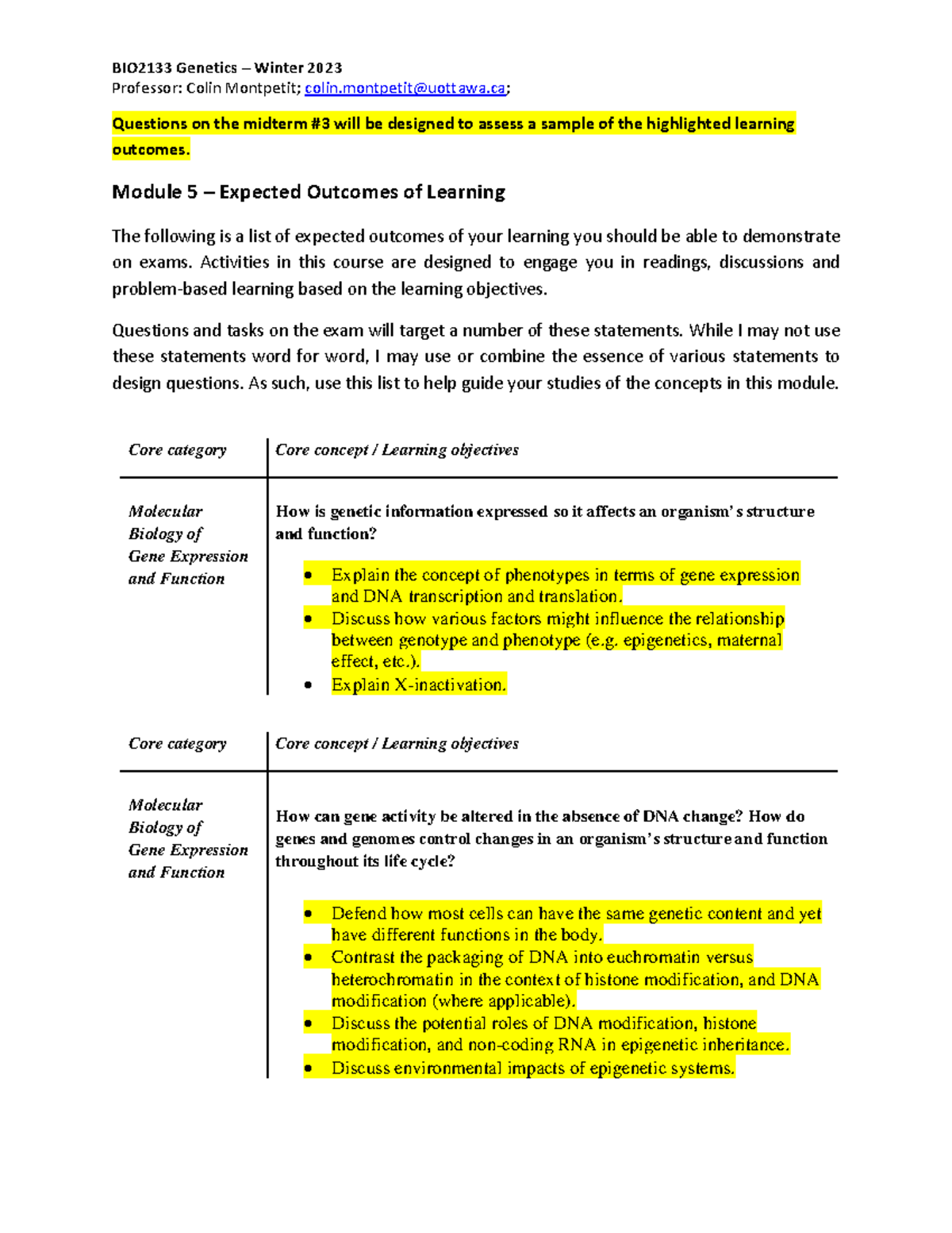 Module 5 - Exam LOs - notes - BIO2133 Genetics – Winter 2023 Professor ...