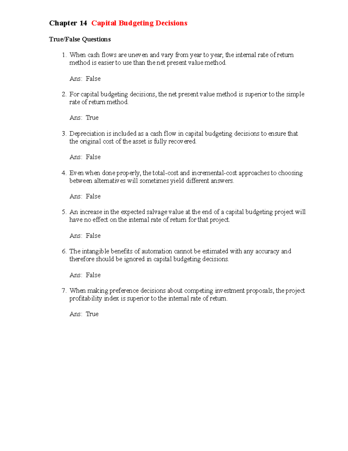 56074 TESTBANKS Chapter 14 Capital Budgeting Decisions True False 56074-testbanks-chapter-14-capital-budgeting-decisions-true-false
