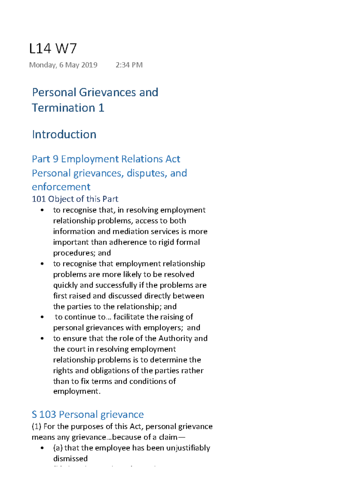Lecture 14 Week 7 - Warning: TT: undefined function: 32 Personal Grievances and Termination 1 ...