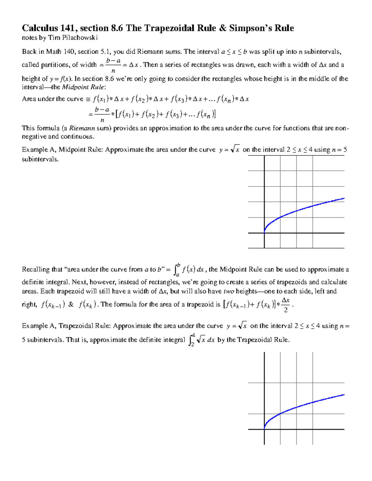 141 8.6 lecture notes - Calculus 141, section 8 The Trapezoidal Rule ...