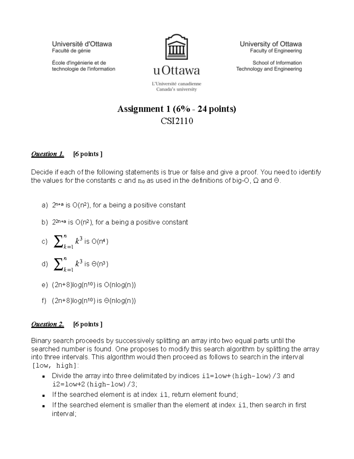 A1 2019 F csi2110 - Assignment practice 2019-2020 - ! Assignment 1 (6% - 24 points) CSI Question ...