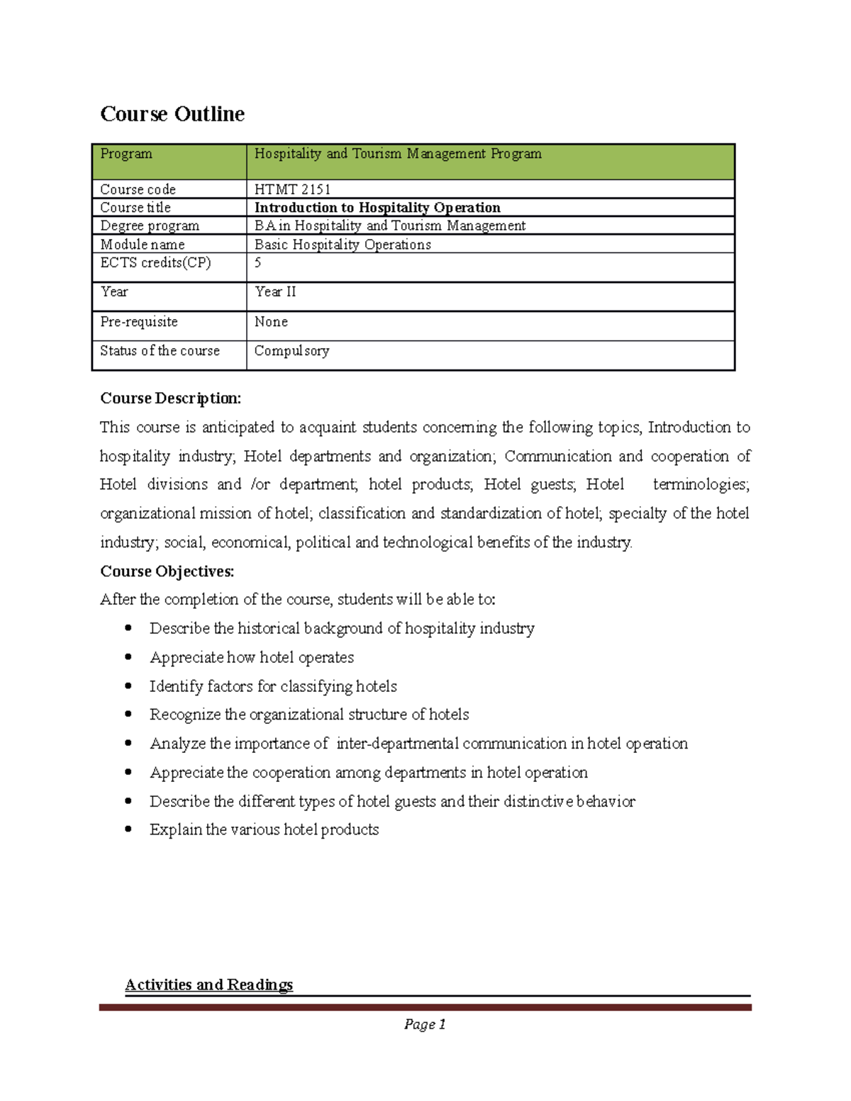 Course Outline - Course Outline Program Hospitality and Tourism ...