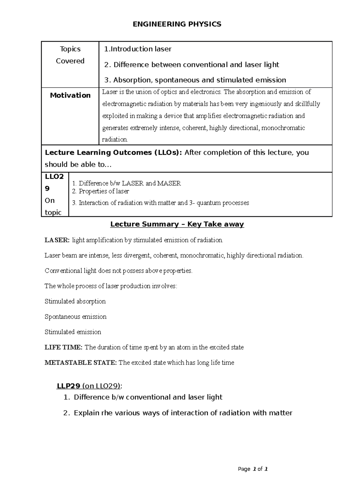 Laser - introduction - ENGINEERING PHYSICS Topics Covered 1 laser 2 ...