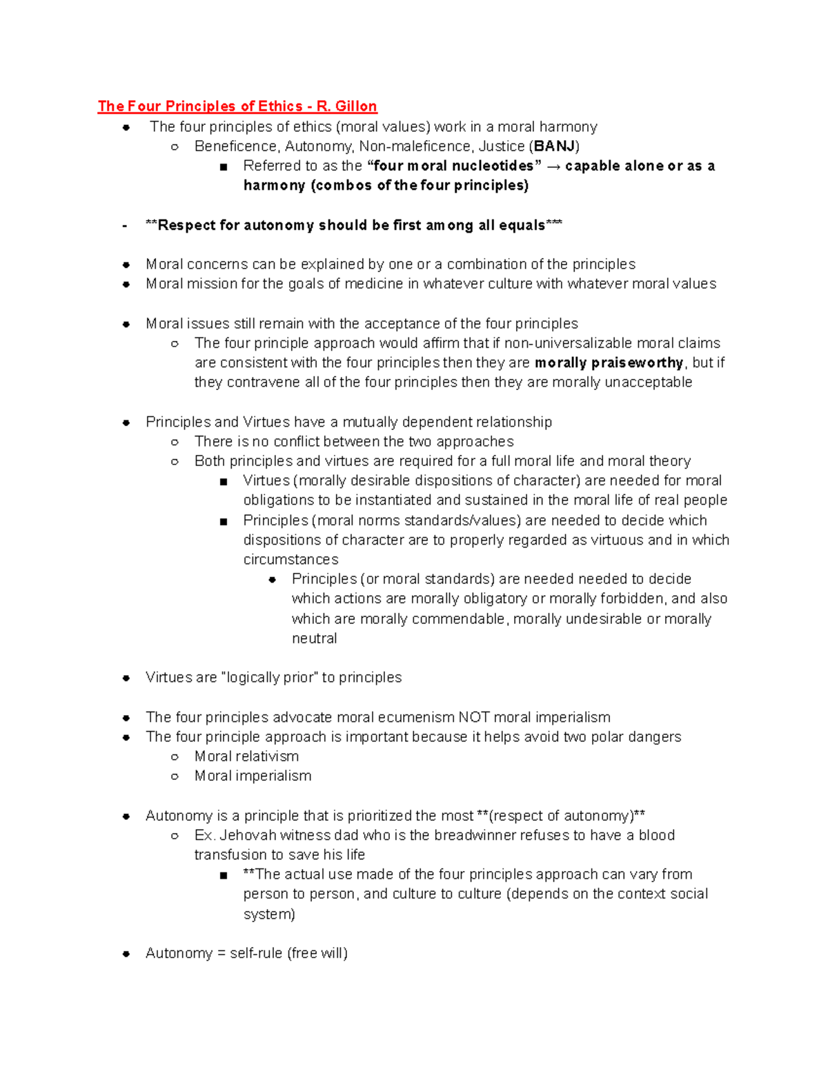 Week 5 - Autonomy - The Four Principles of Ethics - R. Gillon The four ...