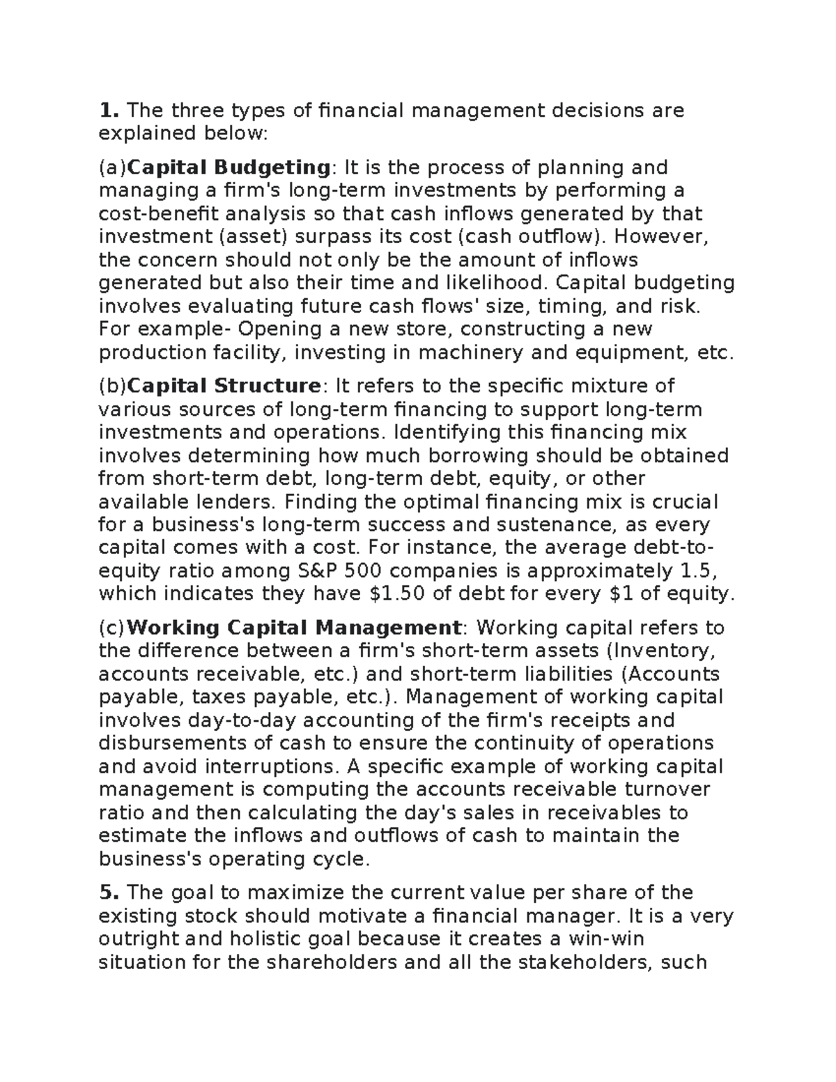FNCE623 Week 1 assignment - The three types of financial management ...
