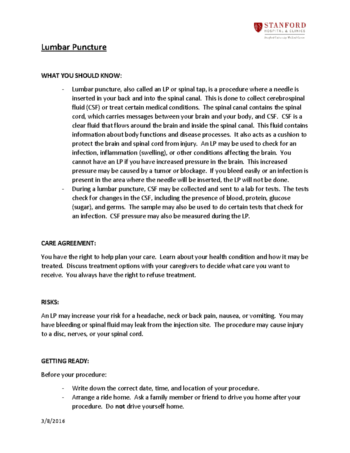 LP Pre Post - Lumbar Puncture WHAT YOU SHOULD KNOW: Lumbar puncture ...
