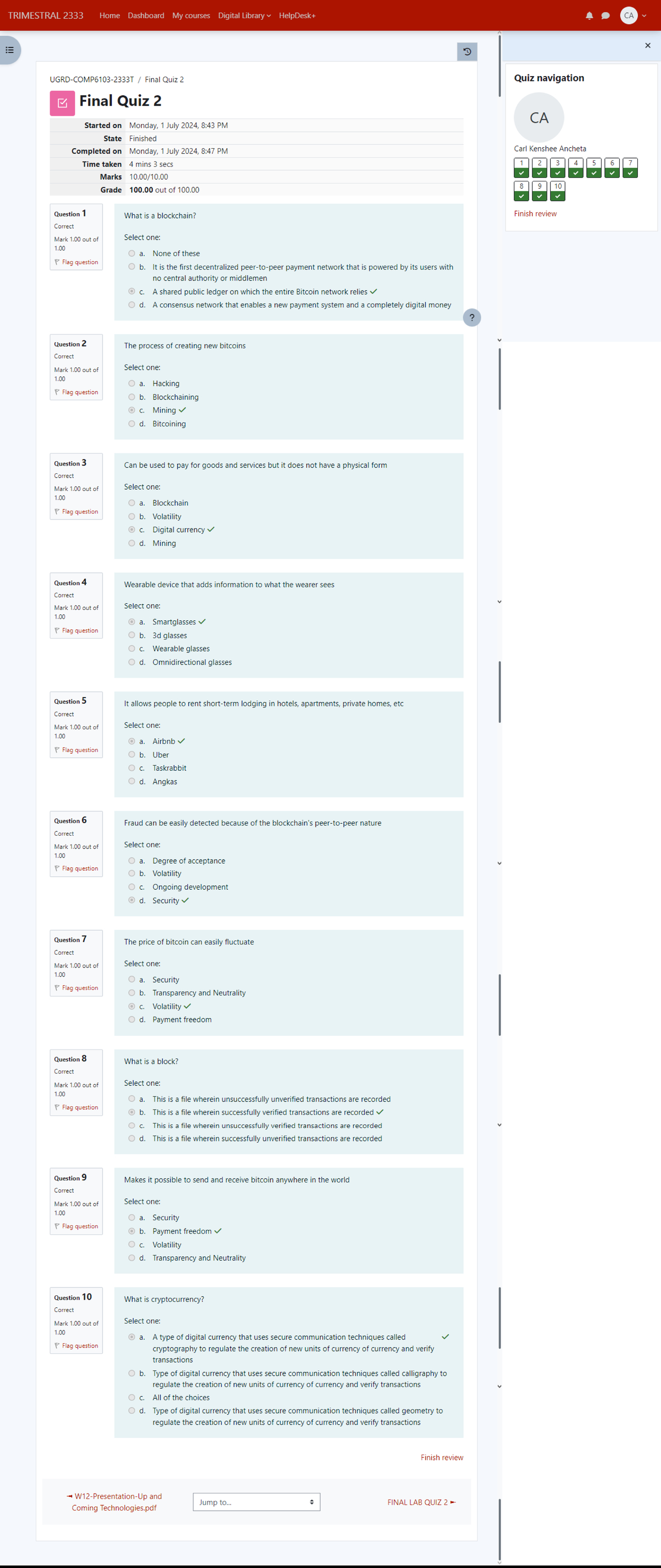 Final Quiz 2 Attempt review - TRIMESTRAL Home Dashboard My courses ...