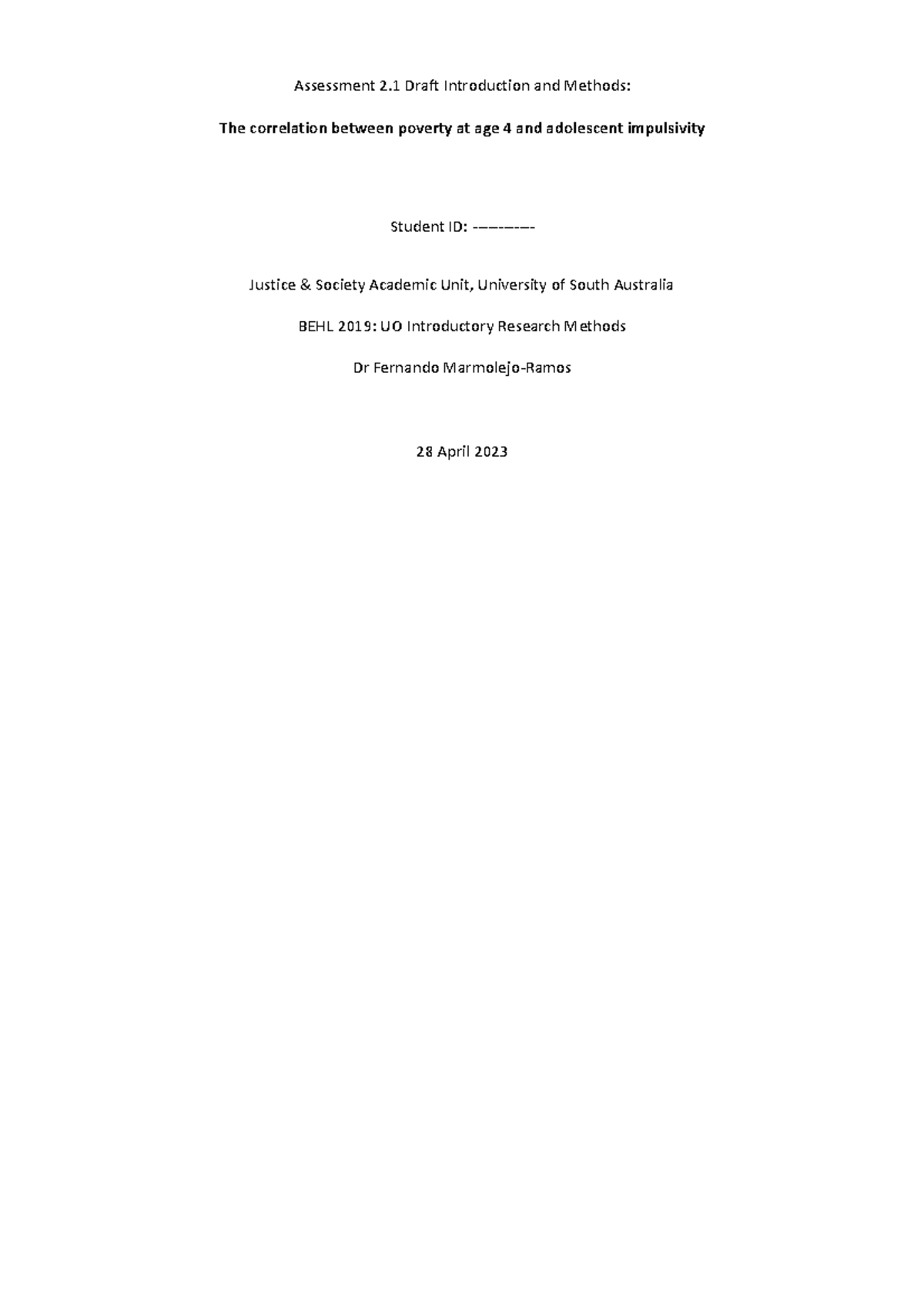 Assessment 2.1 example - Assessment 2 Draft Introduction and Methods ...