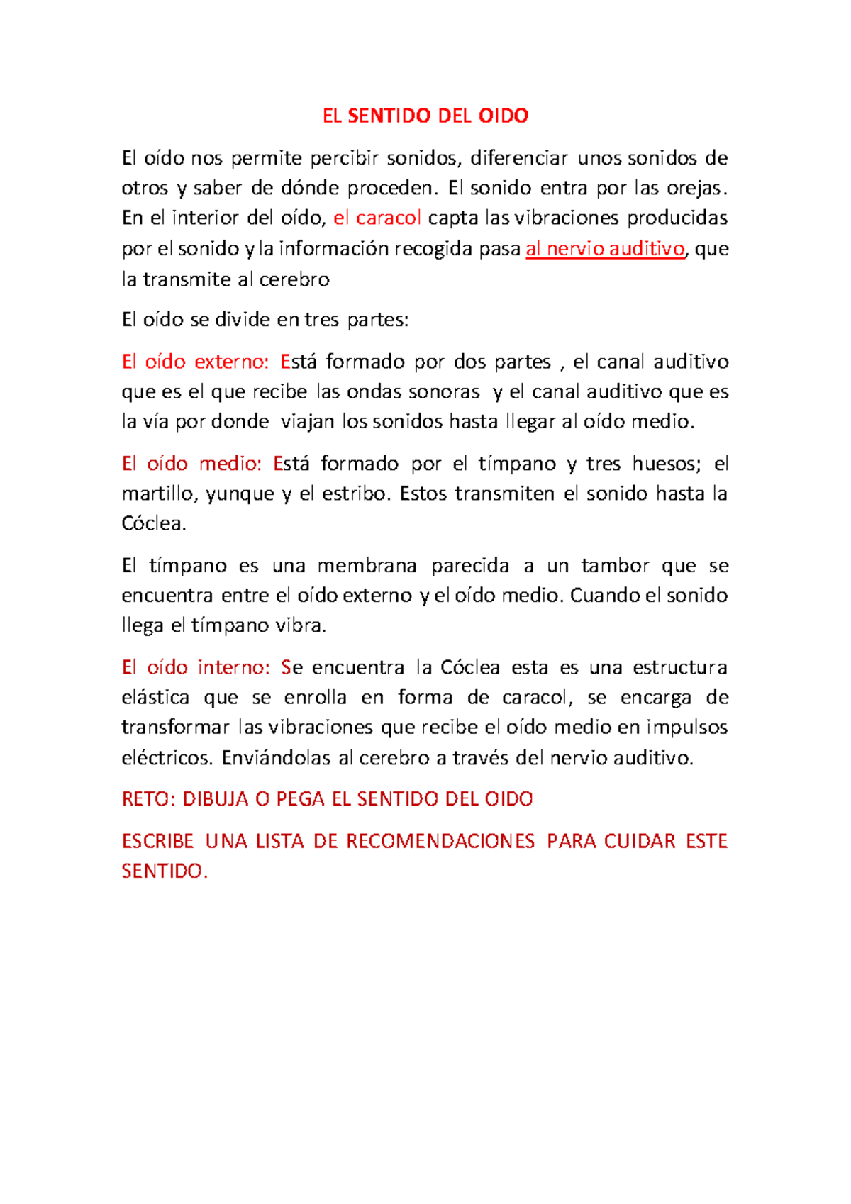 EL Sentido DEL OIDO - Es una ficha para trabajo con estudiantes - EL ...