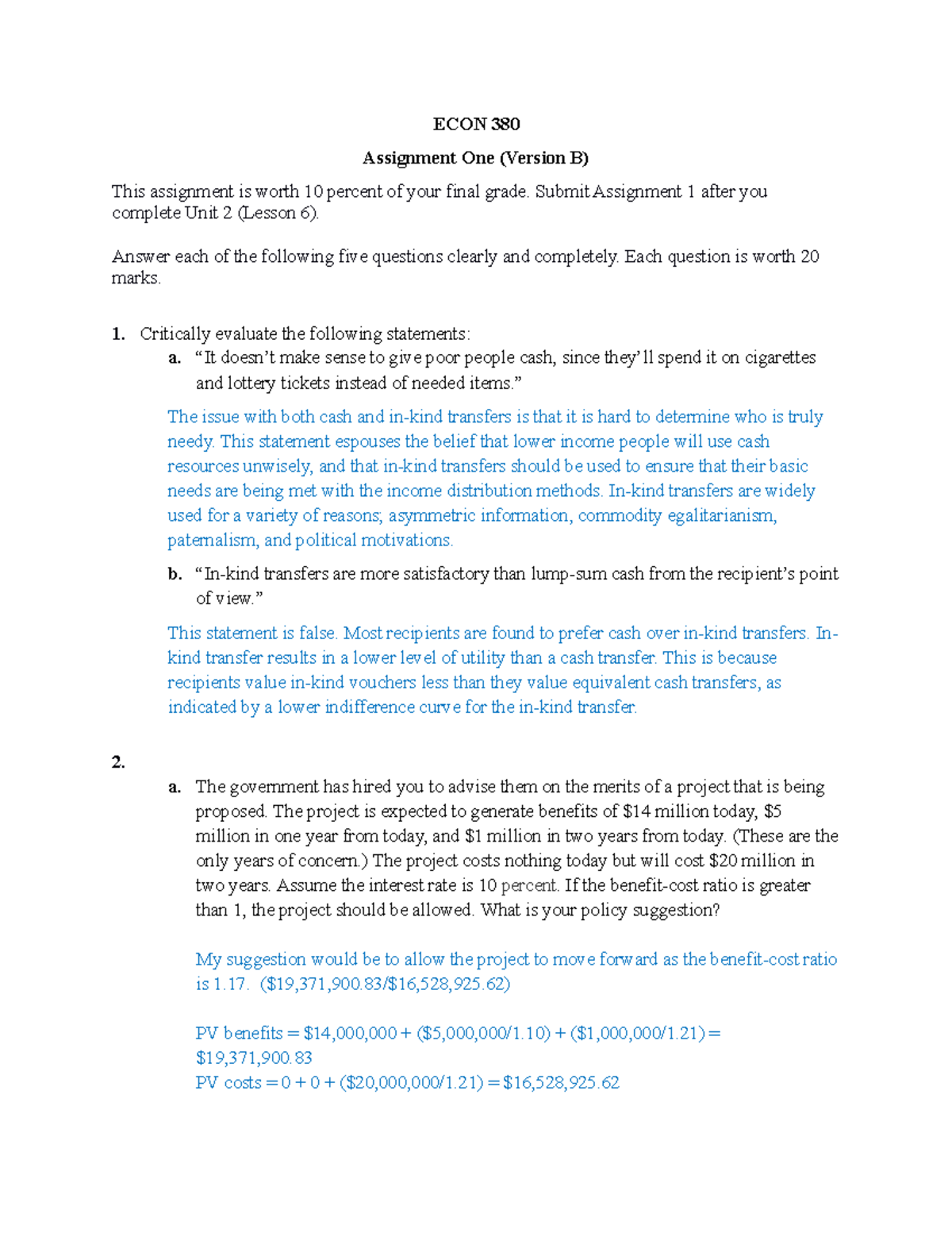 ECON380 assign 1 submission - ECON 380 Assignment One (Version B) This ...