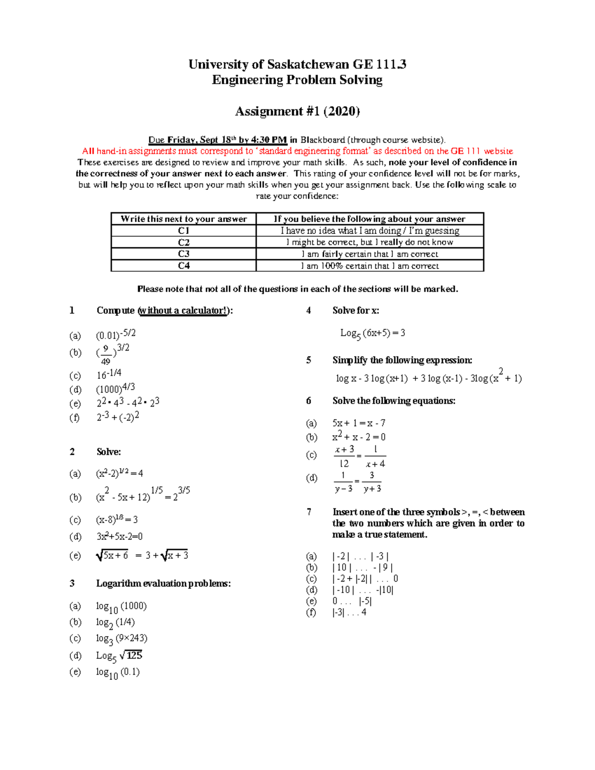 Assignment 1 GE 111 - University of Saskatchewan GE 111. Engineering Problem Solving Assignment ...