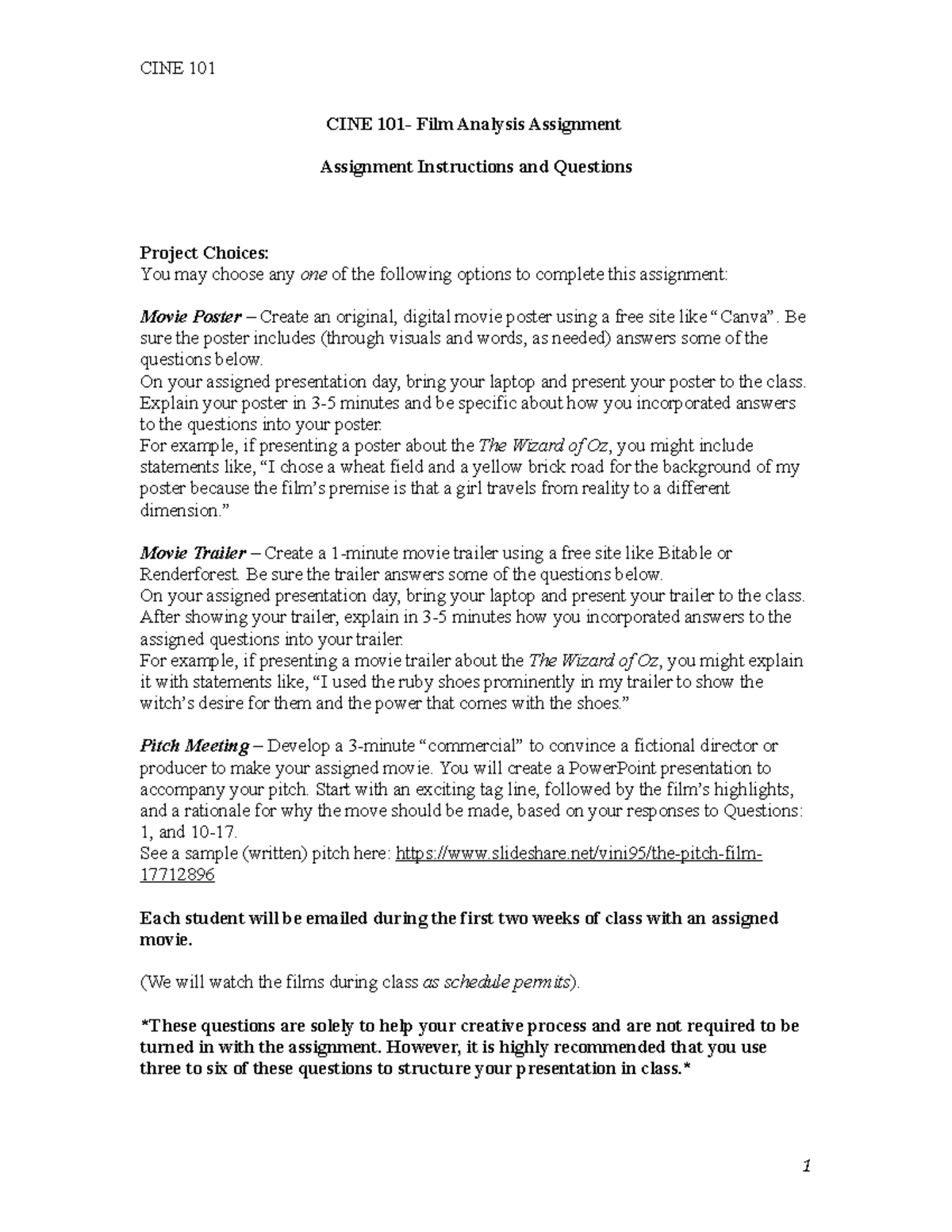 CINE 101 Film Analysis Assignment Instructions - CINE 101 CINE 101 ...