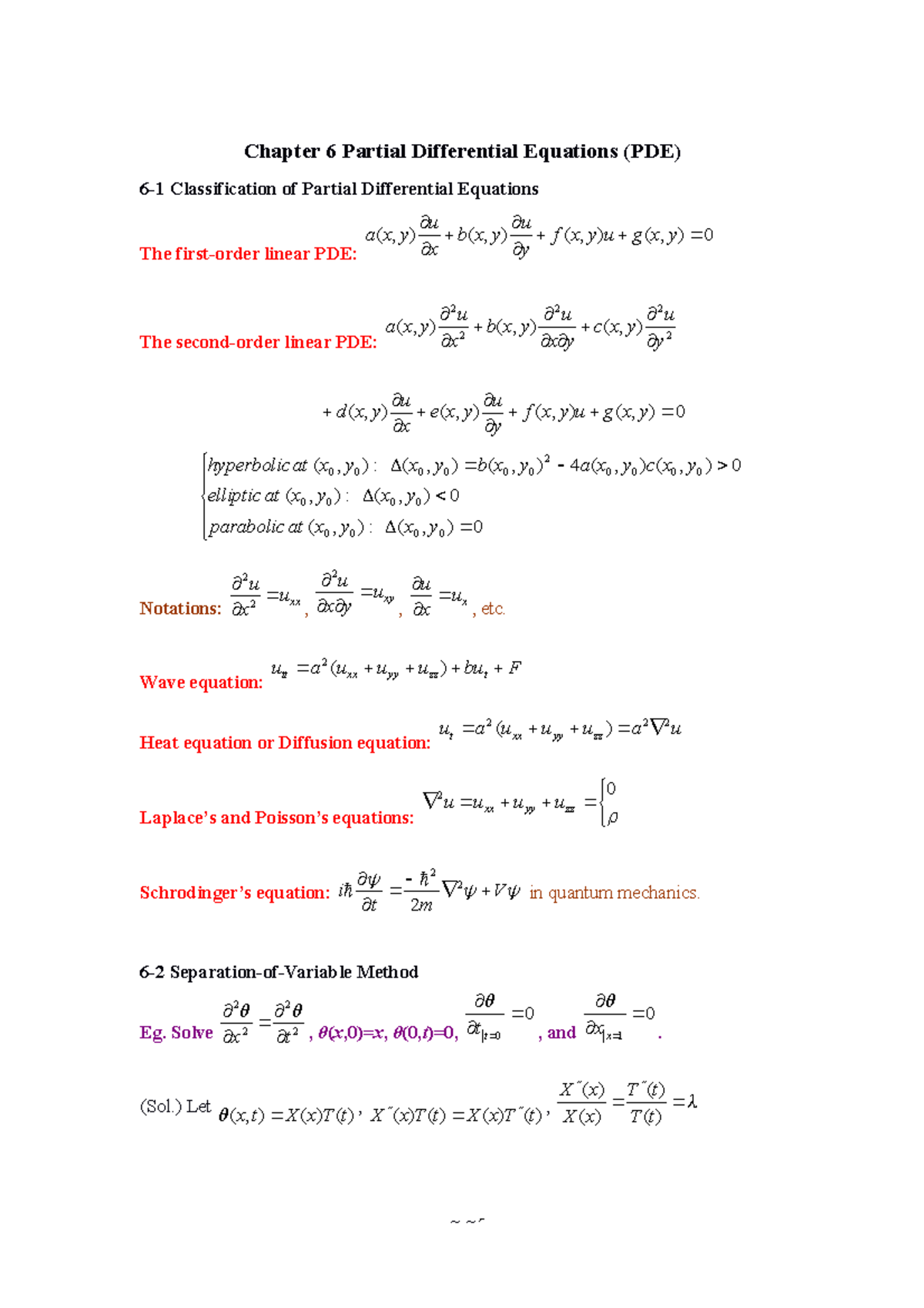 Math6 - sasa - Chapter 6 Partial Differential Equations (PDE) 6-1 Classification of Partial ...
