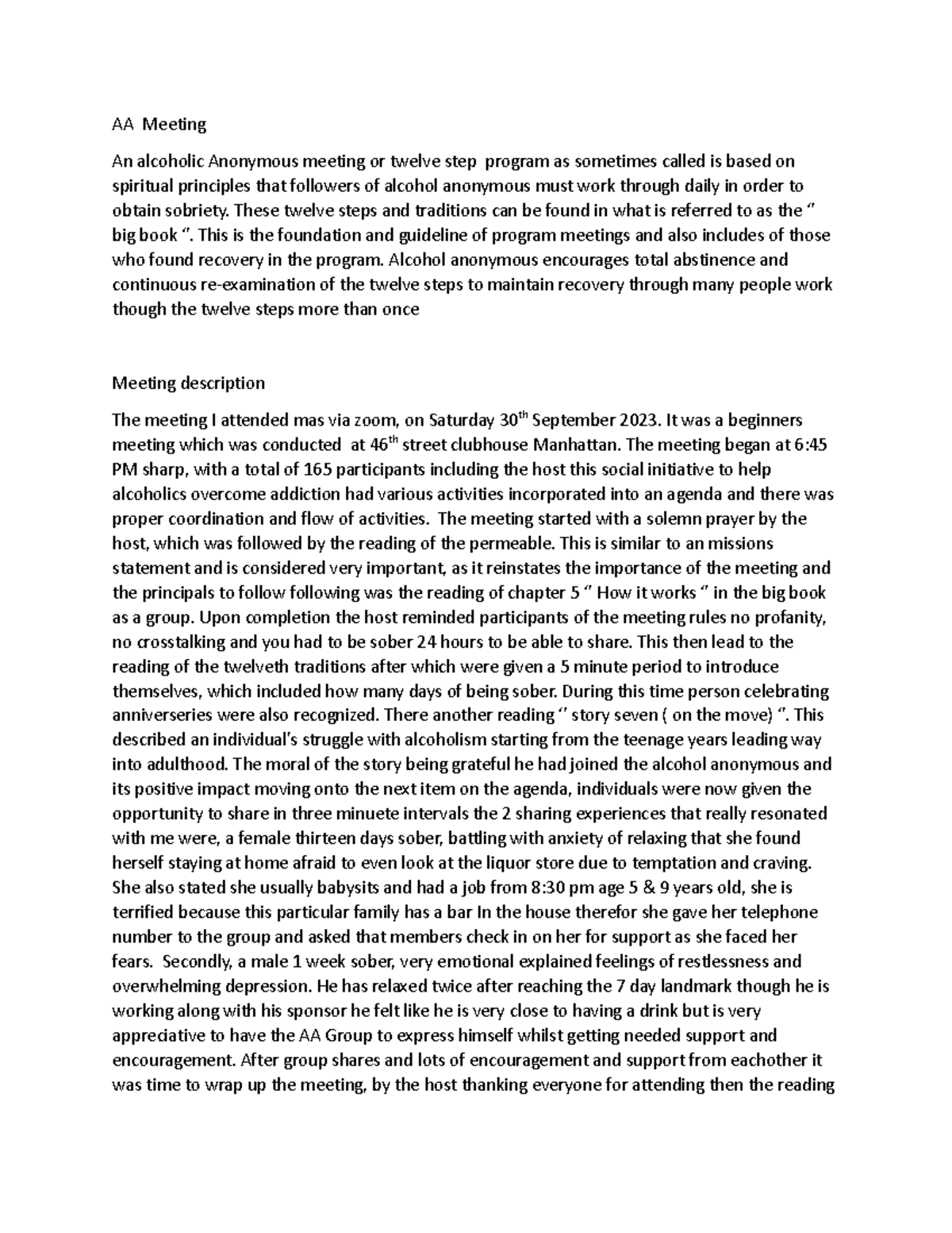 AA Meeting Document 1 - AA Meeting An alcoholic Anonymous meeting or ...