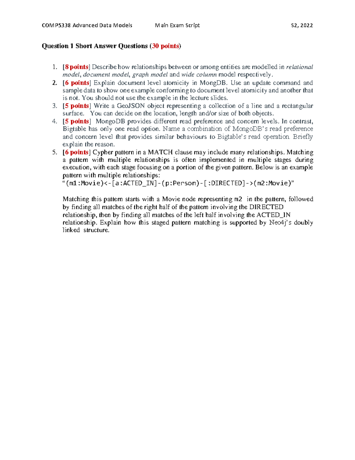 COMP5388 Final Exam - Question 1 Short Answer Questions ( 3 0 points) 1 ...