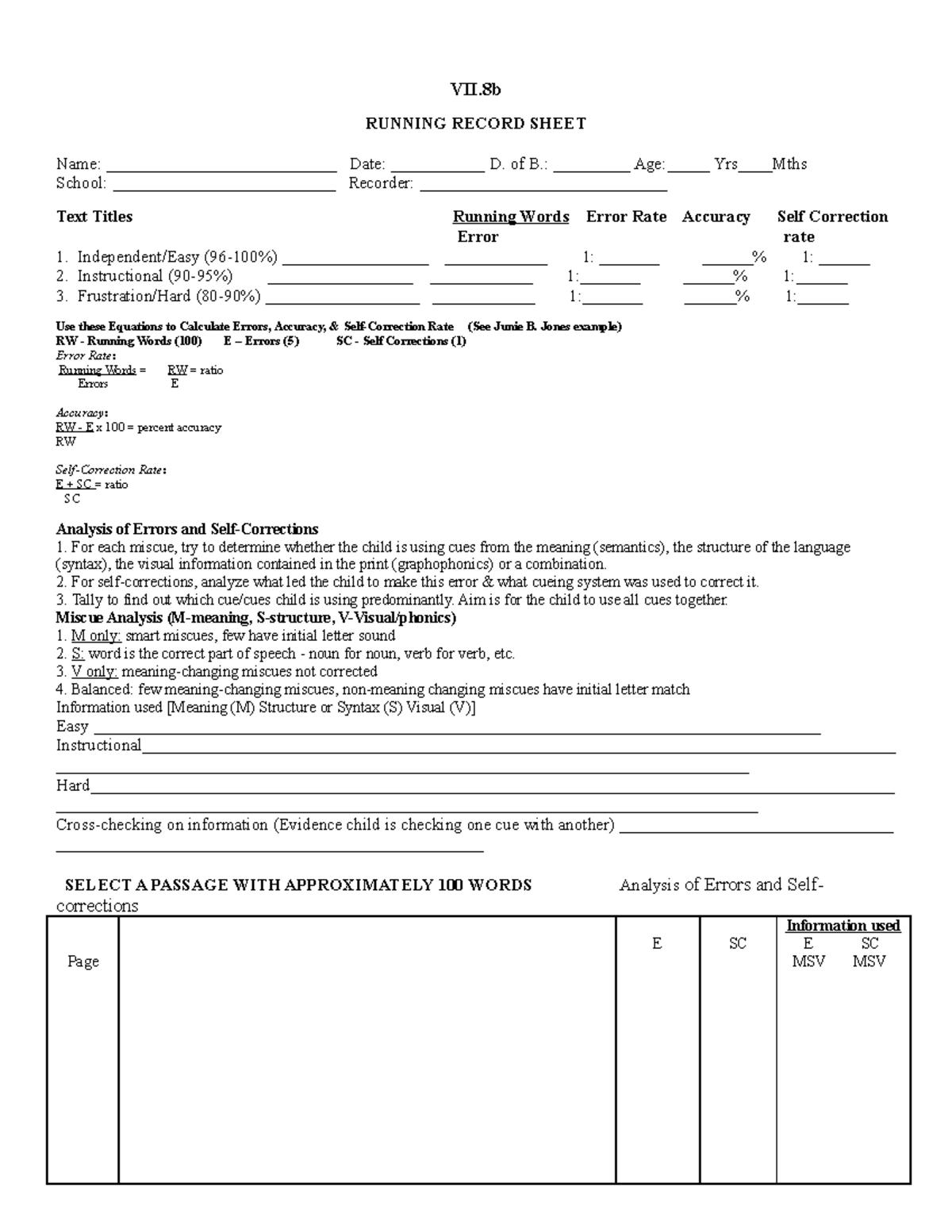 Running Record Recording Sheet - VII RUNNING RECORD SHEET Name
