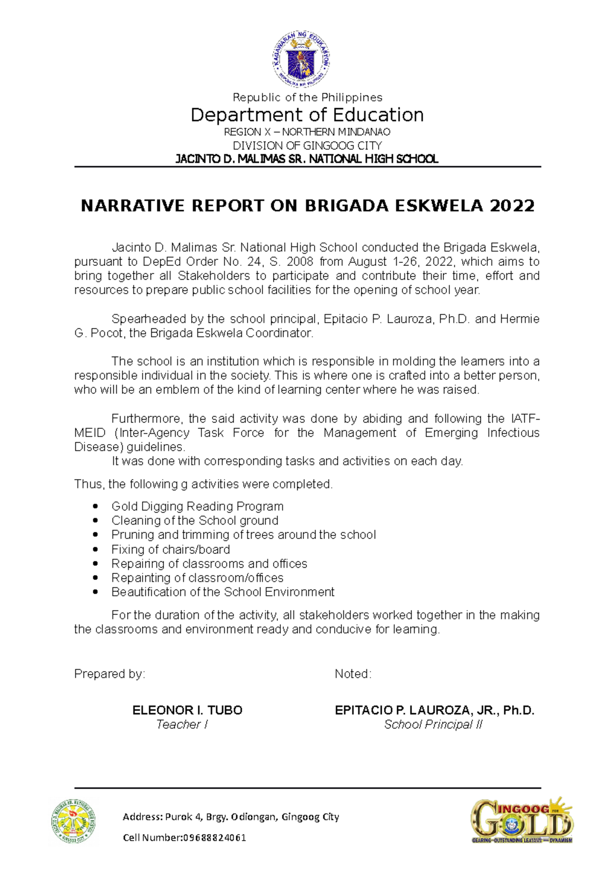 Narrative Report ON Brigada Eskwela 2022 Others - Department of ...