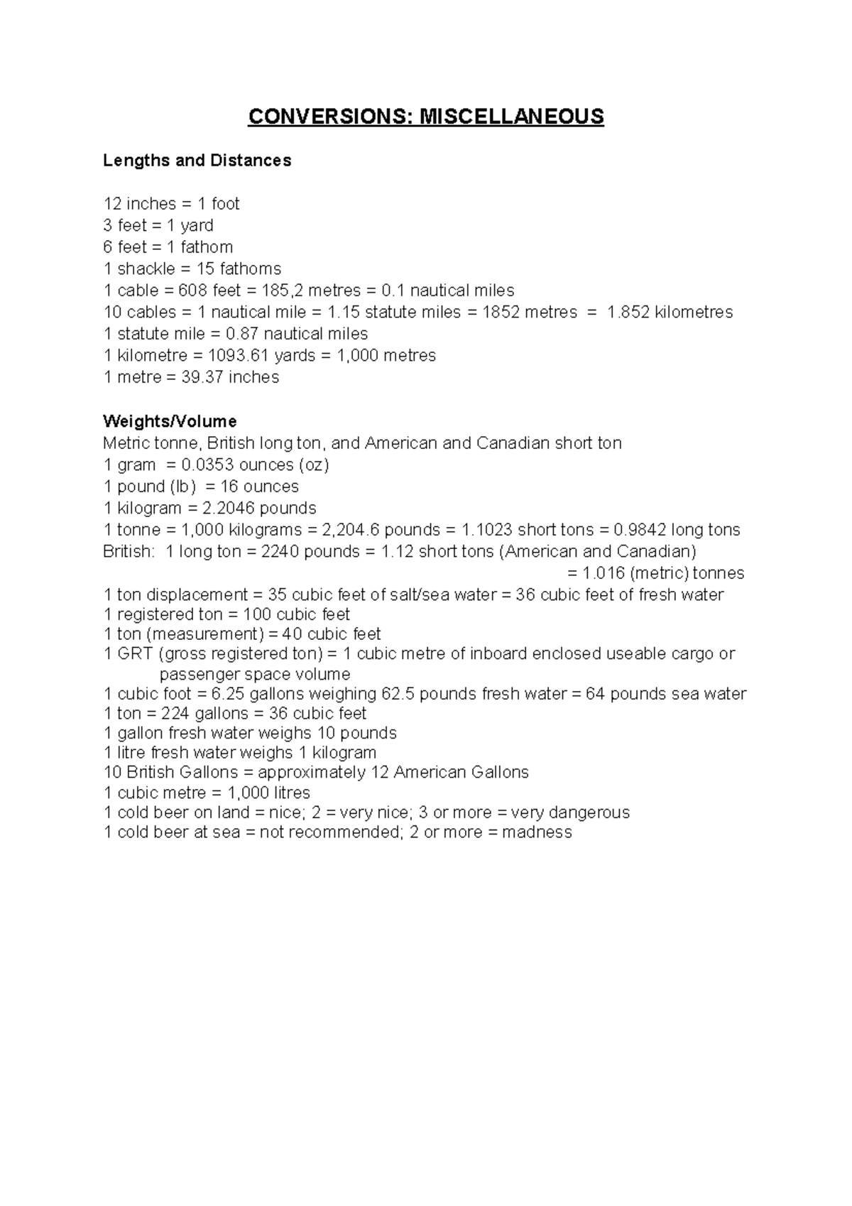 Miscellaneous Conversions-Table-RYA - CONVERSIONS: MISCELLANEOUS ...