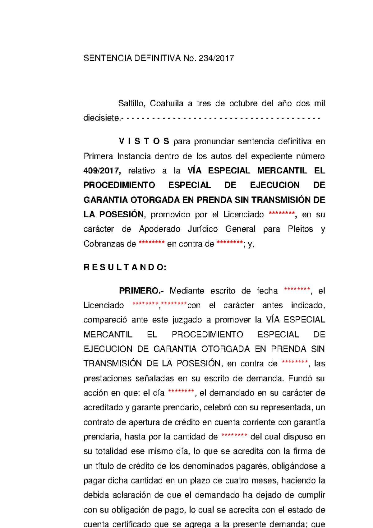 Sentencia Ejecución de prenda sin transmisión - SENTENCIA DEFINITIVA No ...