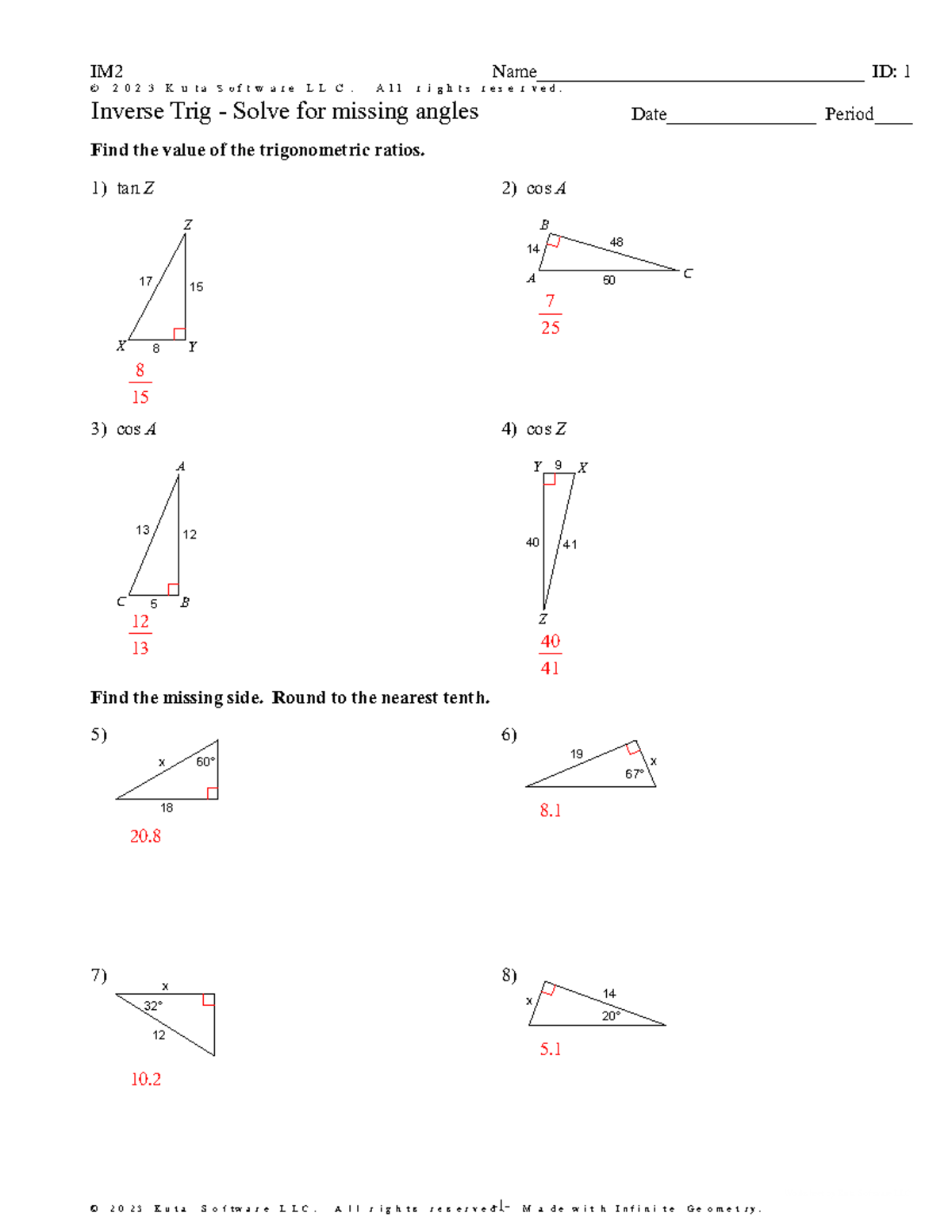 Inverse Trig - Solve for missing angles ws KEY - ©g k 2 u 0 B 2 [ 3 s ...