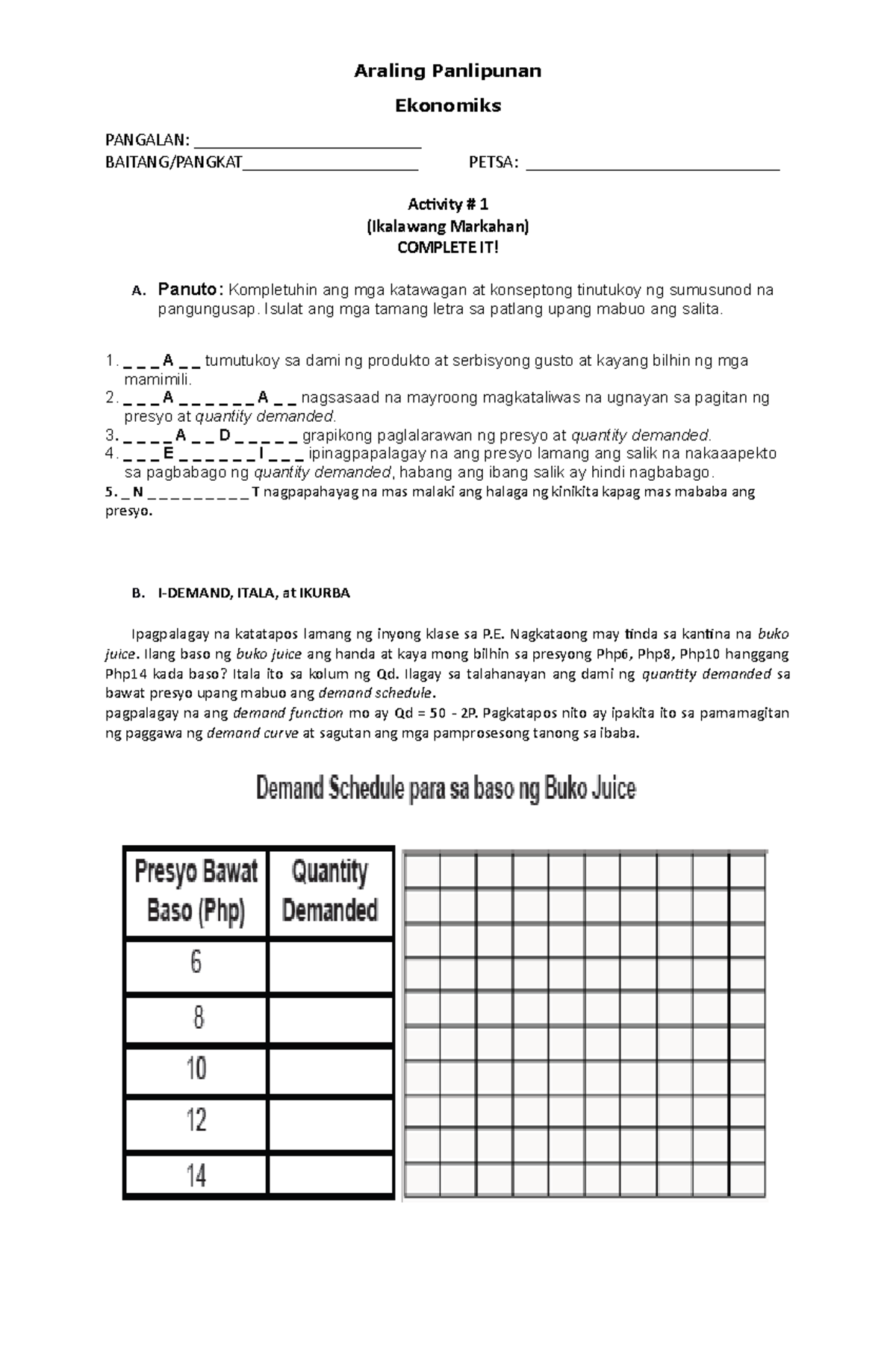 Activity Sheets Economics - Araling Panlipunan Ekonomiks PANGALAN ...