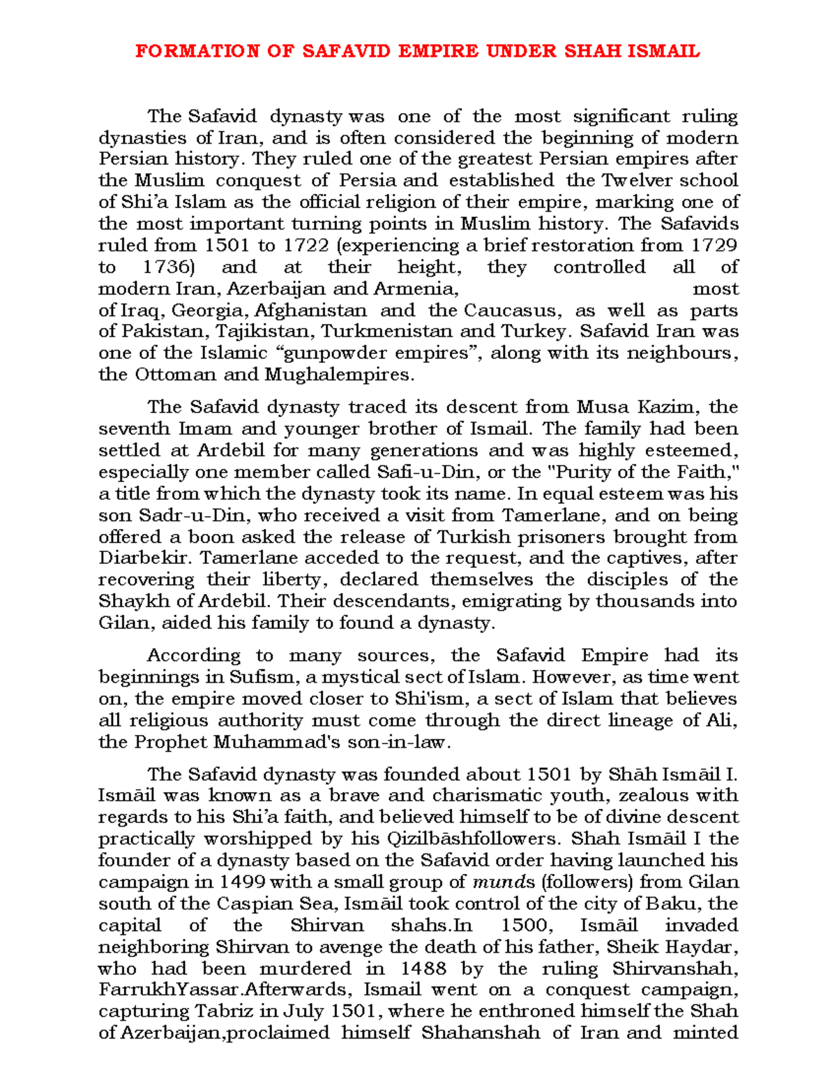 Formation3 OF Safavid Empire Under SHAH Ismail - Some Important ...
