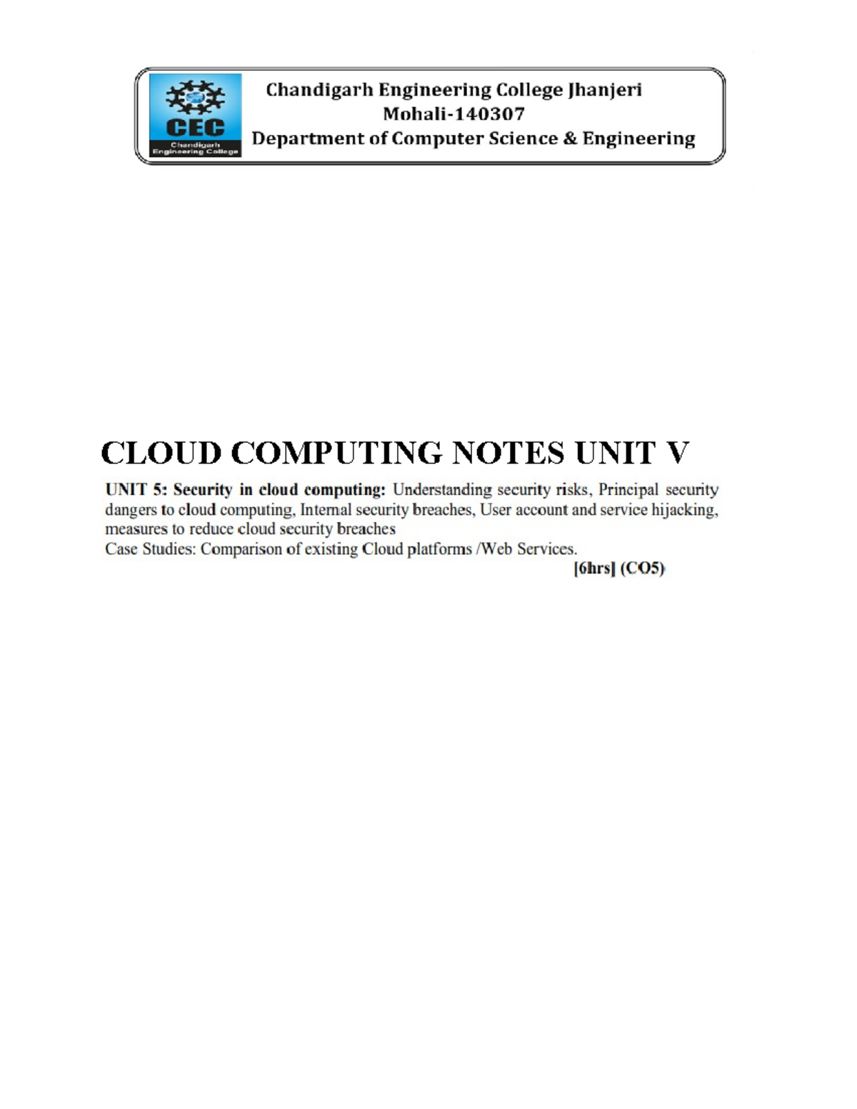 Cloud Computing Notes UNIT V - CLOUD COMPUTING NOTES UNIT V Security ...