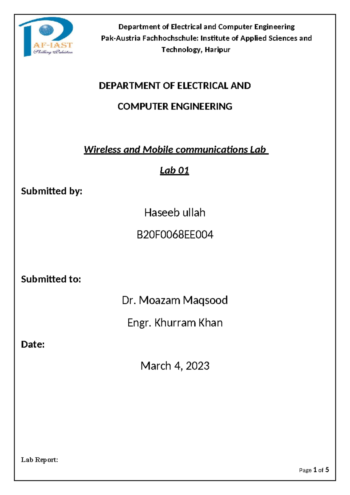 Lab 01 - Pak-Austria Fachhochschule: Institute of Applied Sciences and ...