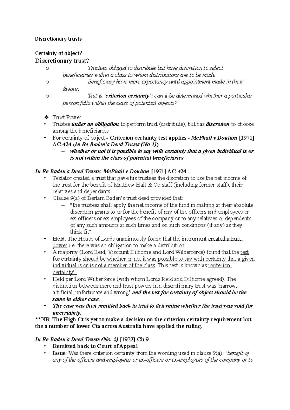 Discretionary trusts - Discretionary trusts Certainty of object ...