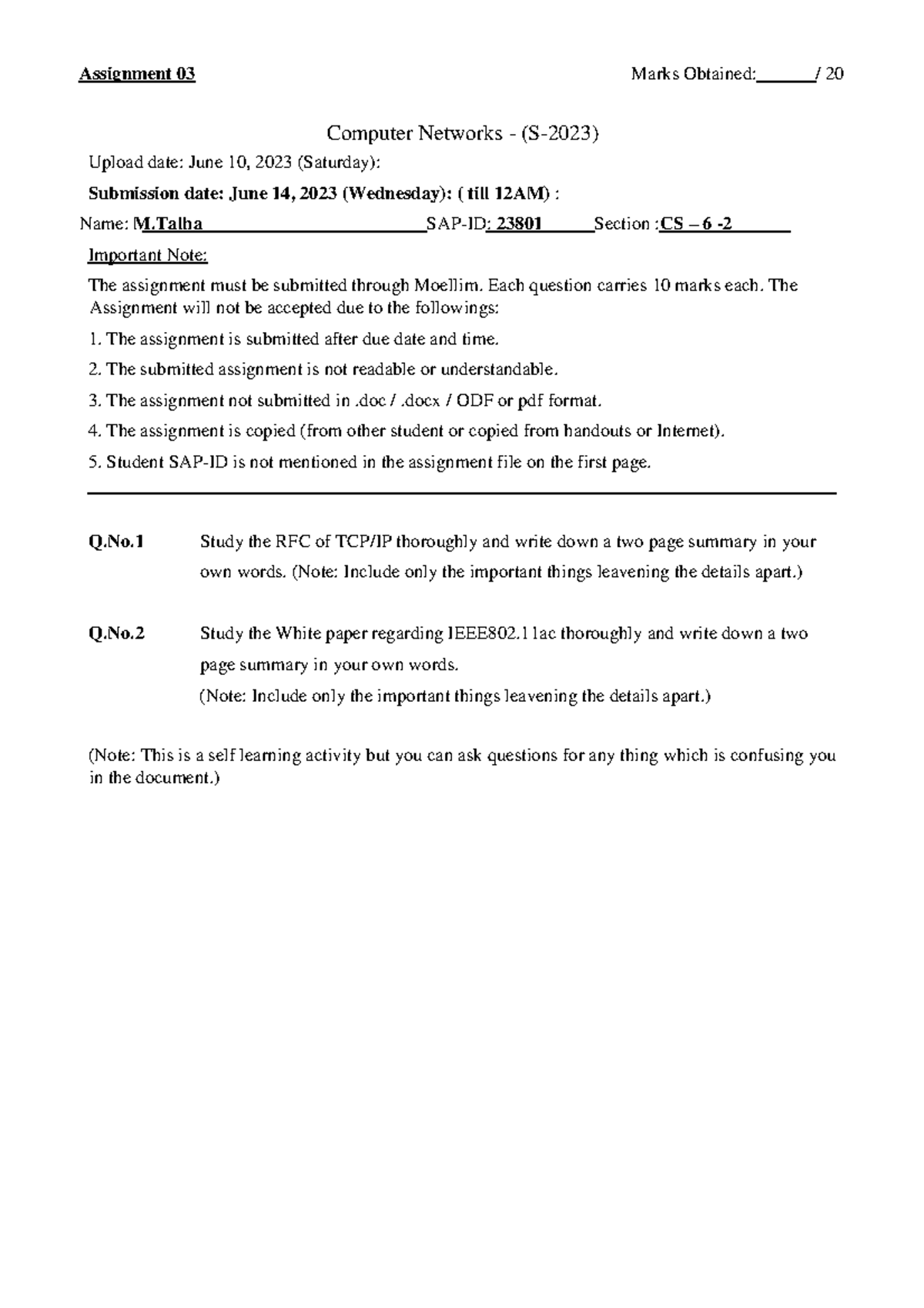 M.Talha - 23801 - CS 6-2 - CN Assignment # 3 - Assignment 03 Marks Obtained: / 20 Computer ...