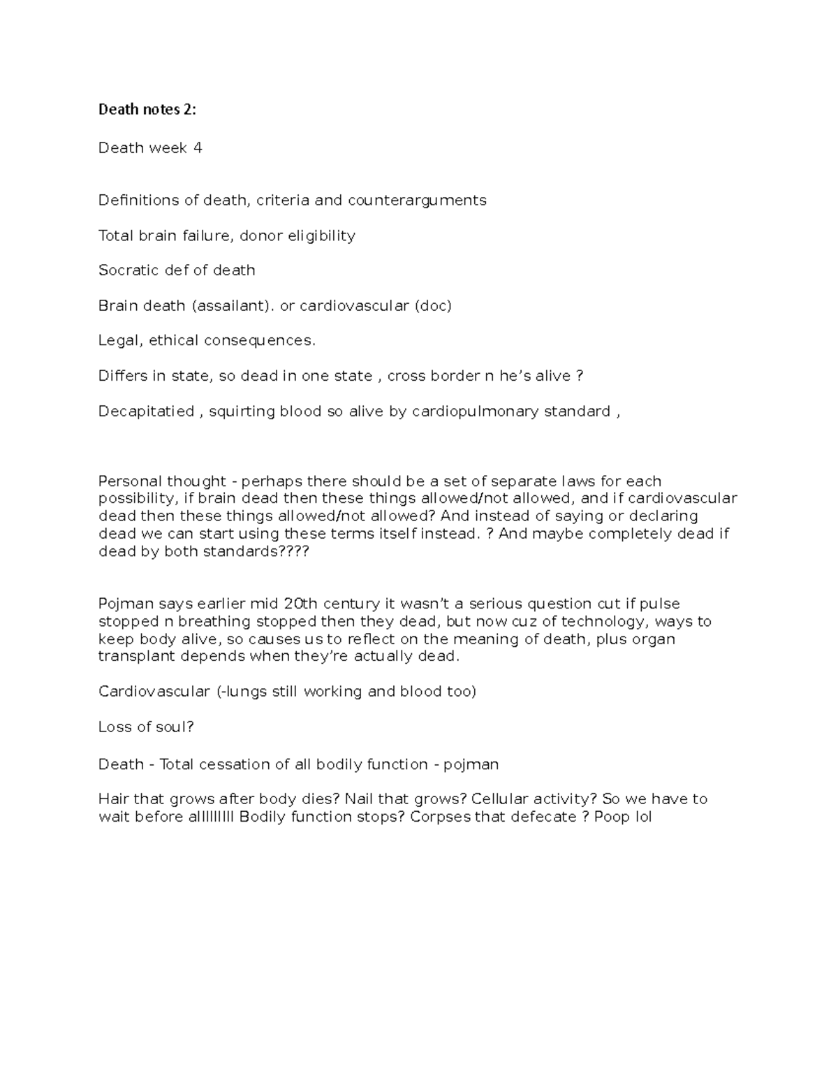 Death notes 2 - Prof J. Penny - Death notes 2: Death week 4 Definitions ...