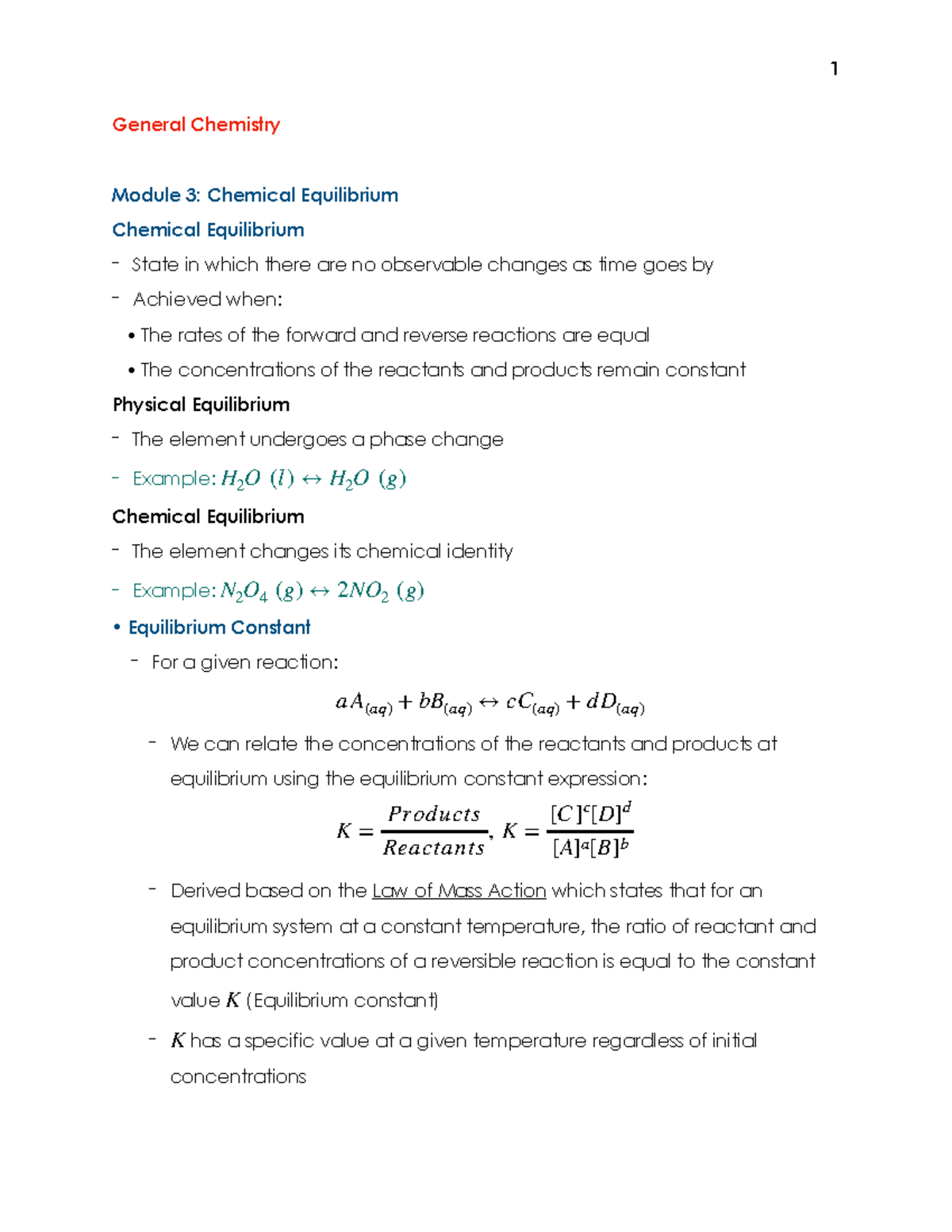 GENERAL CHEM QUIZ - General Chemistry Module 3: Chemical Equilibrium ...