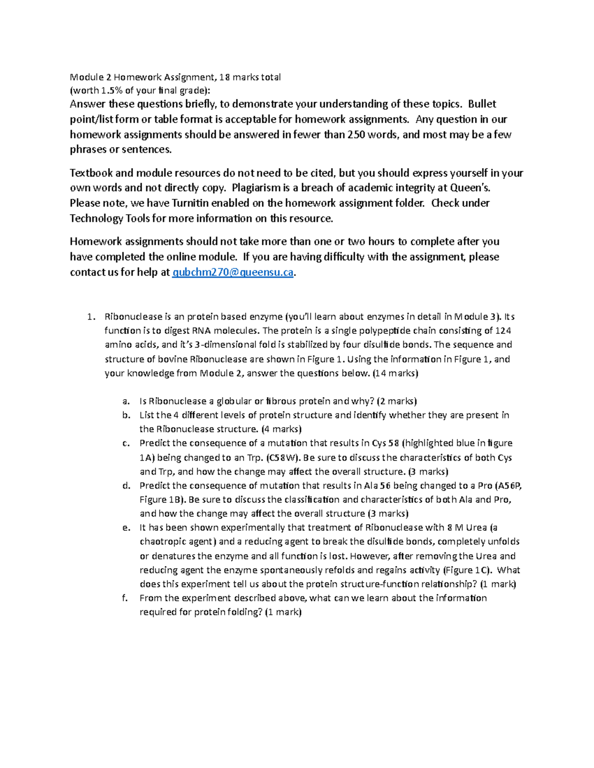 BCHM 270 W23 Module 2 Homework - Module 2 Homework Assignment, 18 marks total (worth 1% of your ...