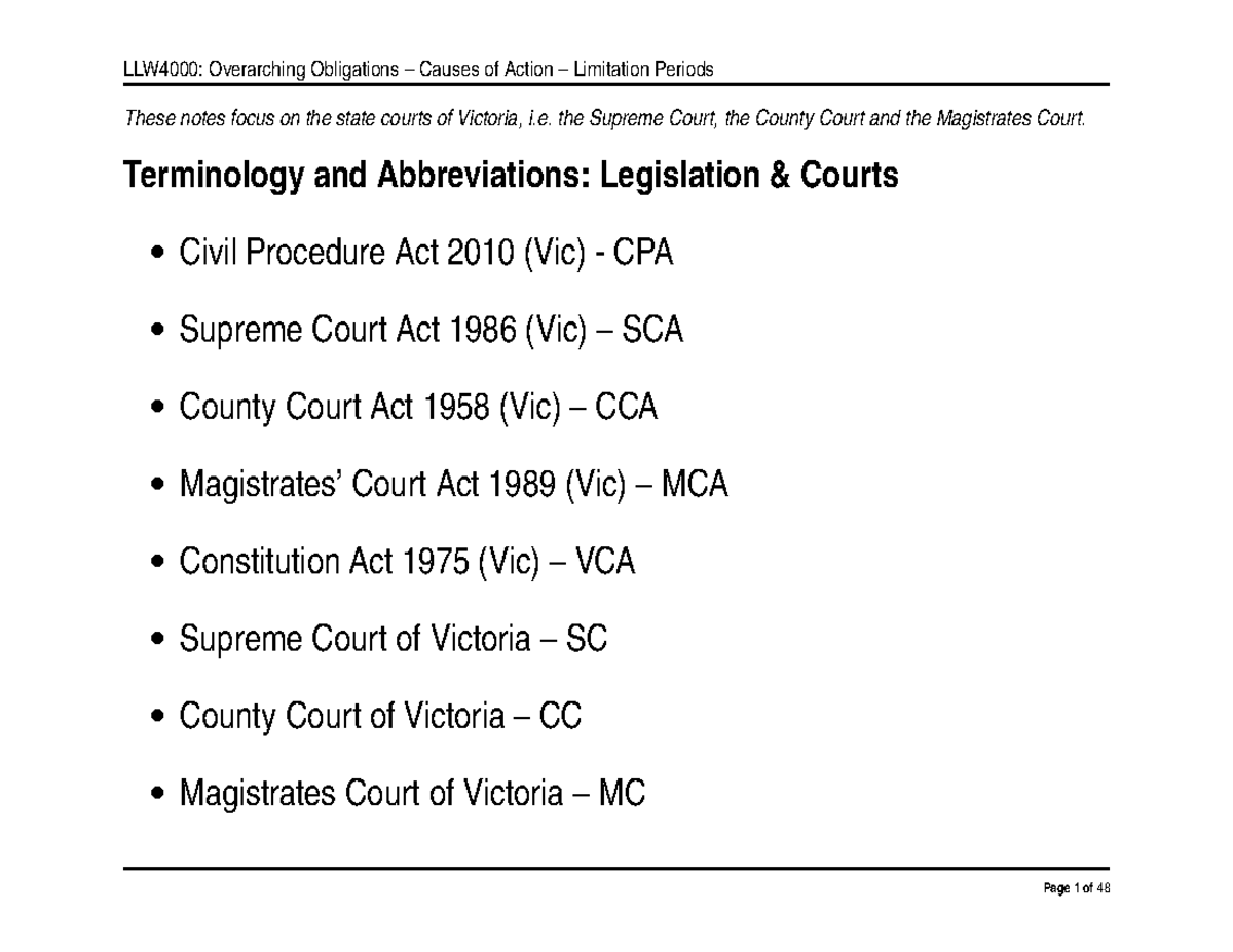 Overarching obligations - Causes of Action - Limitation Periods ...