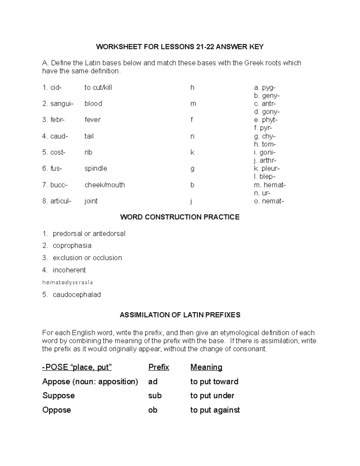 Lesson 21 and 22 Worksheet (key) - WORKSHEET FOR LESSONS 21-22 ANSWER ...