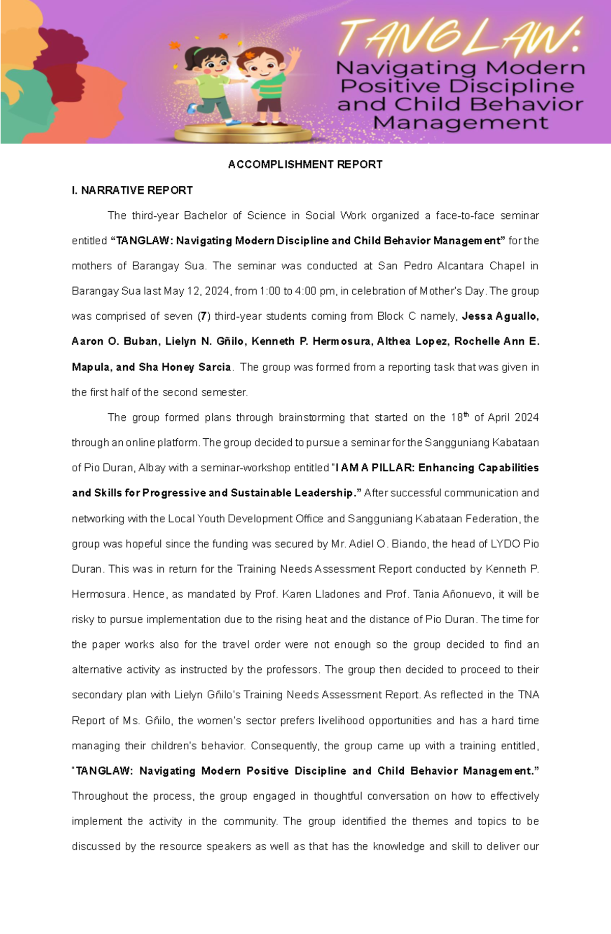 Accomplishment Report - ACCOMPLISHMENT REPORT I. NARRATIVE REPORT The ...