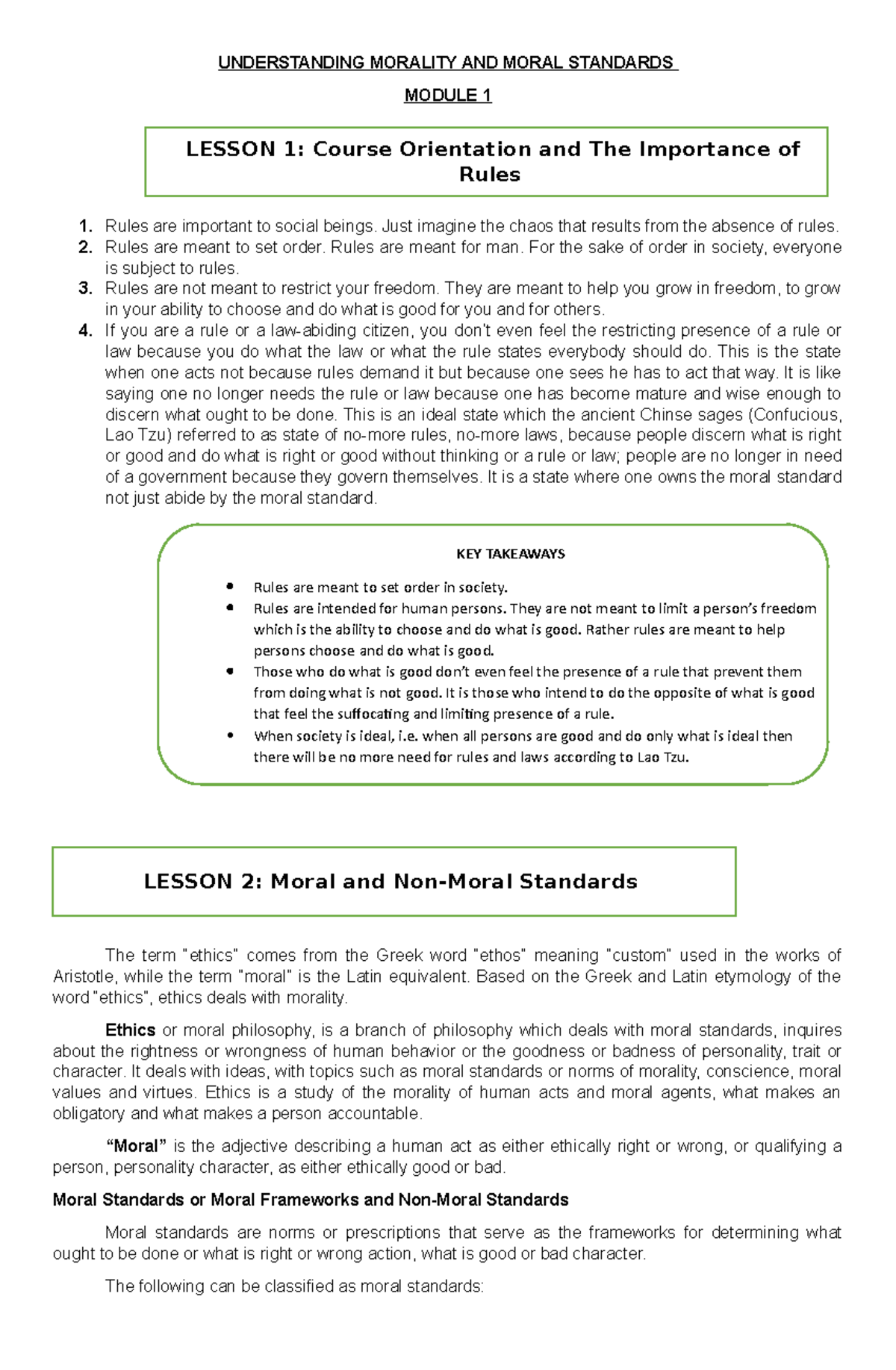 Ethics ALL Modules Student COPY 2 - UNDERSTANDING MORALITY AND MORAL STANDARDS MODULE 1 Rules ...