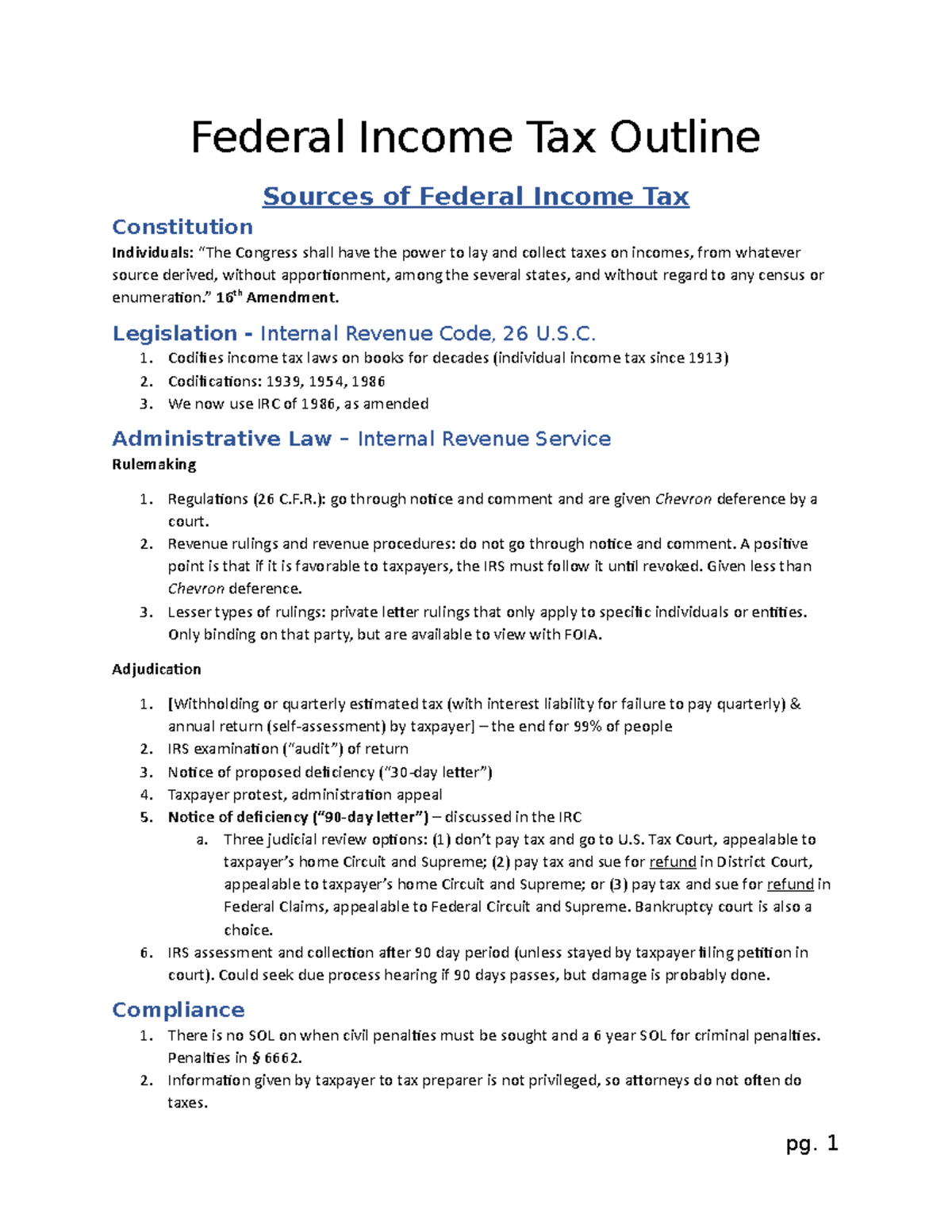 Federal Income Tax Outline - Schenk, 2018 (Book D. Schenk) - Federal ...