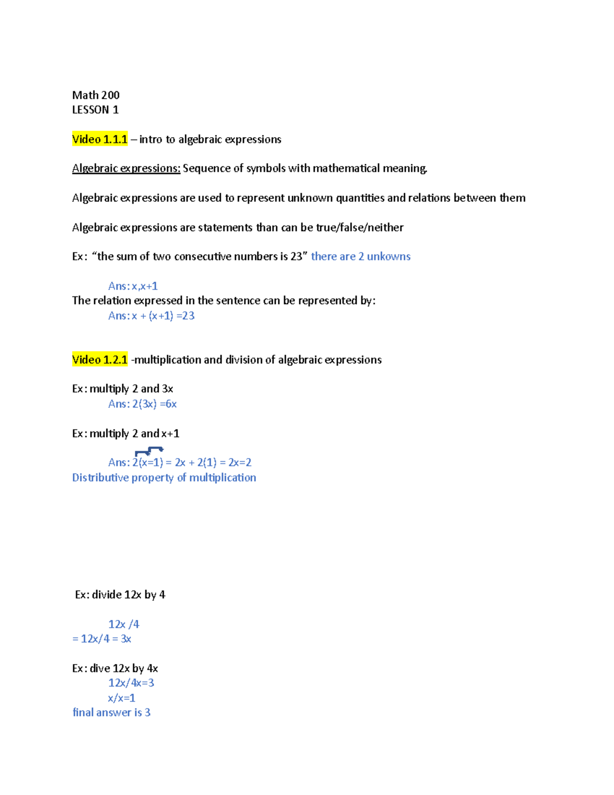 Math 200 Lesson 1 - Math 200 LESSON 1 Video 1.1 – intro to algebraic ...