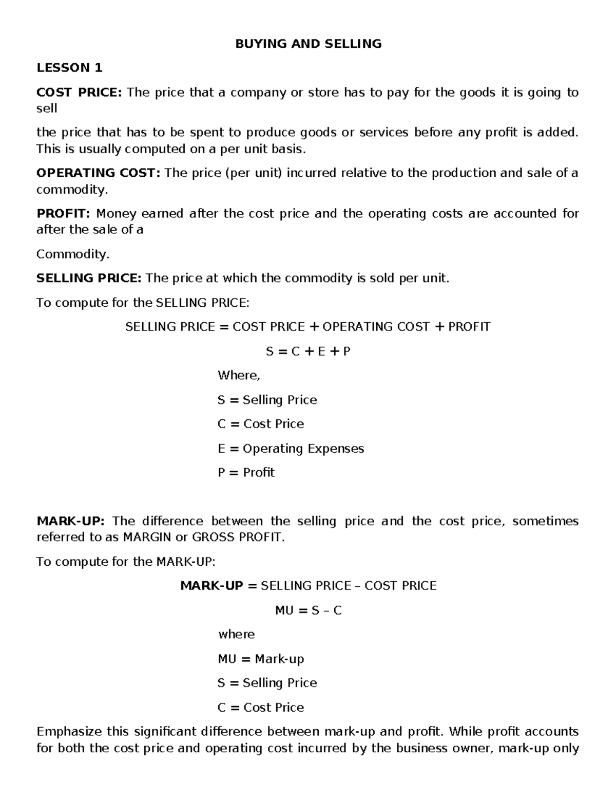 Buying AND Selling Handsout - BUYING AND SELLING LESSON 1 COST PRICE ...