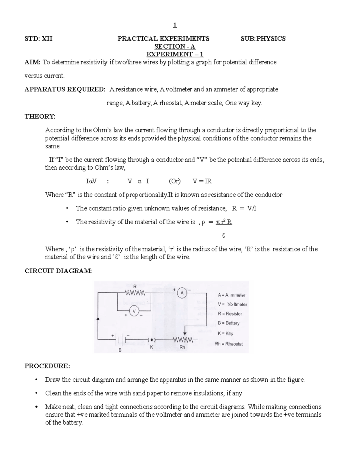 Practicals - Help - 1 STD: XII PRACTICAL EXPERIMENTS SUB:PHYSICS ...
