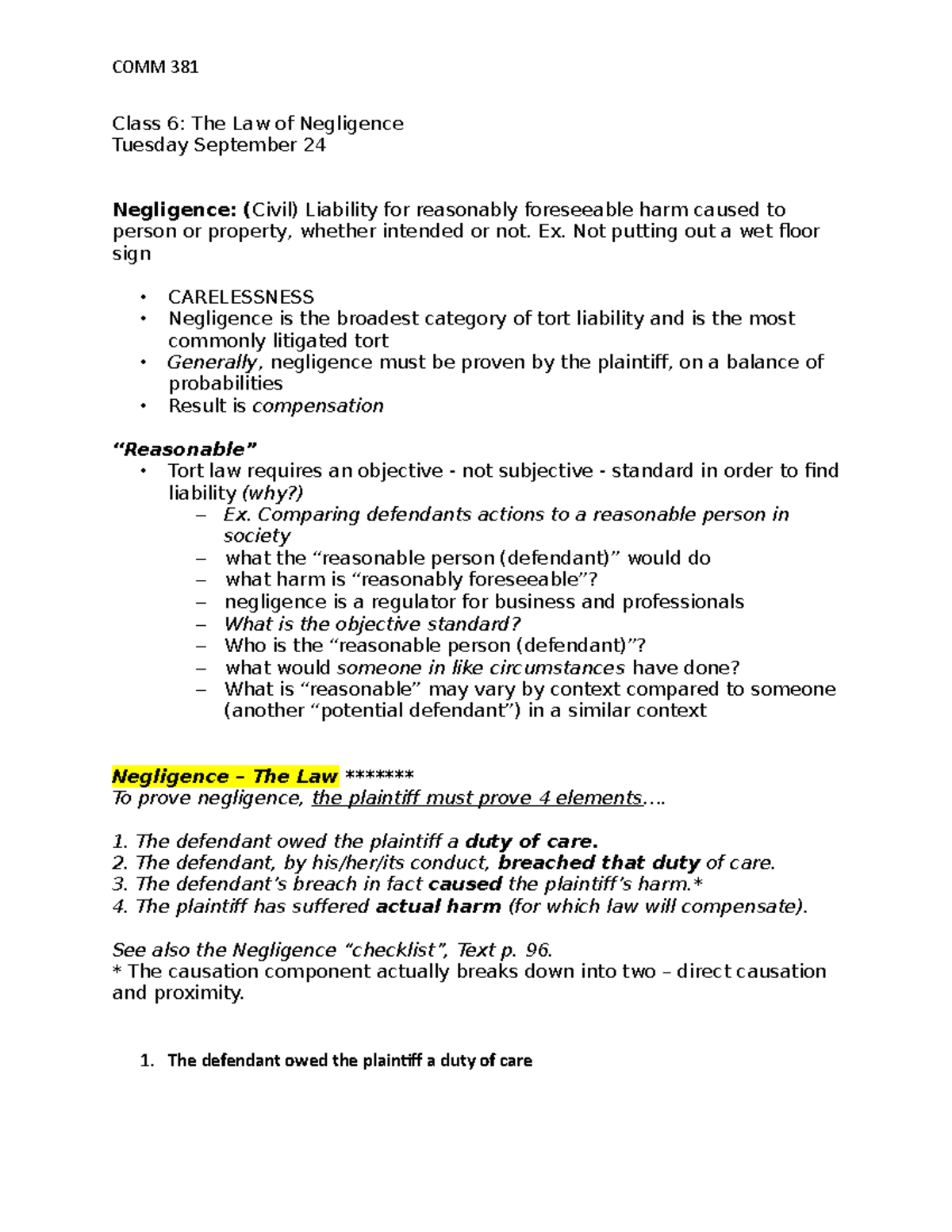 Class 6 - negligence - Class 6: The Law of Negligence Tuesday September ...